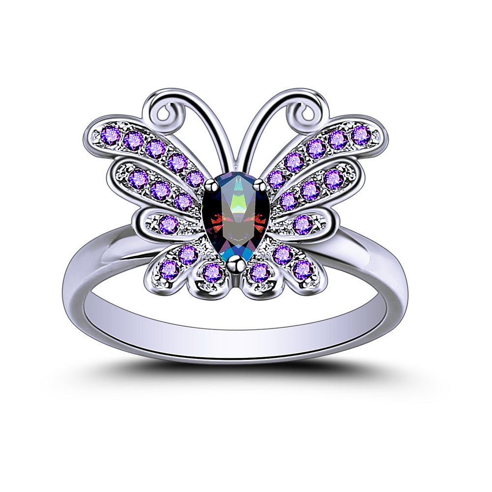 Veunora Silver Plated 4x6mm Pear Cut Created Rainbow Topaz and Amethyst Cubic Zirconia Filled Promise Proposal Engagement Wedding Butterfly Ring Band for Women Size 13