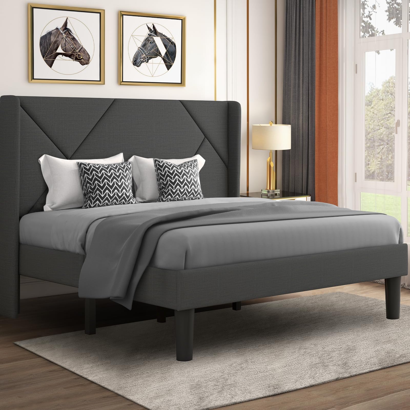 wOod-it King Size Upholstered Platform Bed Frame with Fabric Wingback Headboard/12 Solid Wooden Slats/Non-Slip and Noise-Free/No Box Spring Needed/Easy Assembly (Dark Grey)