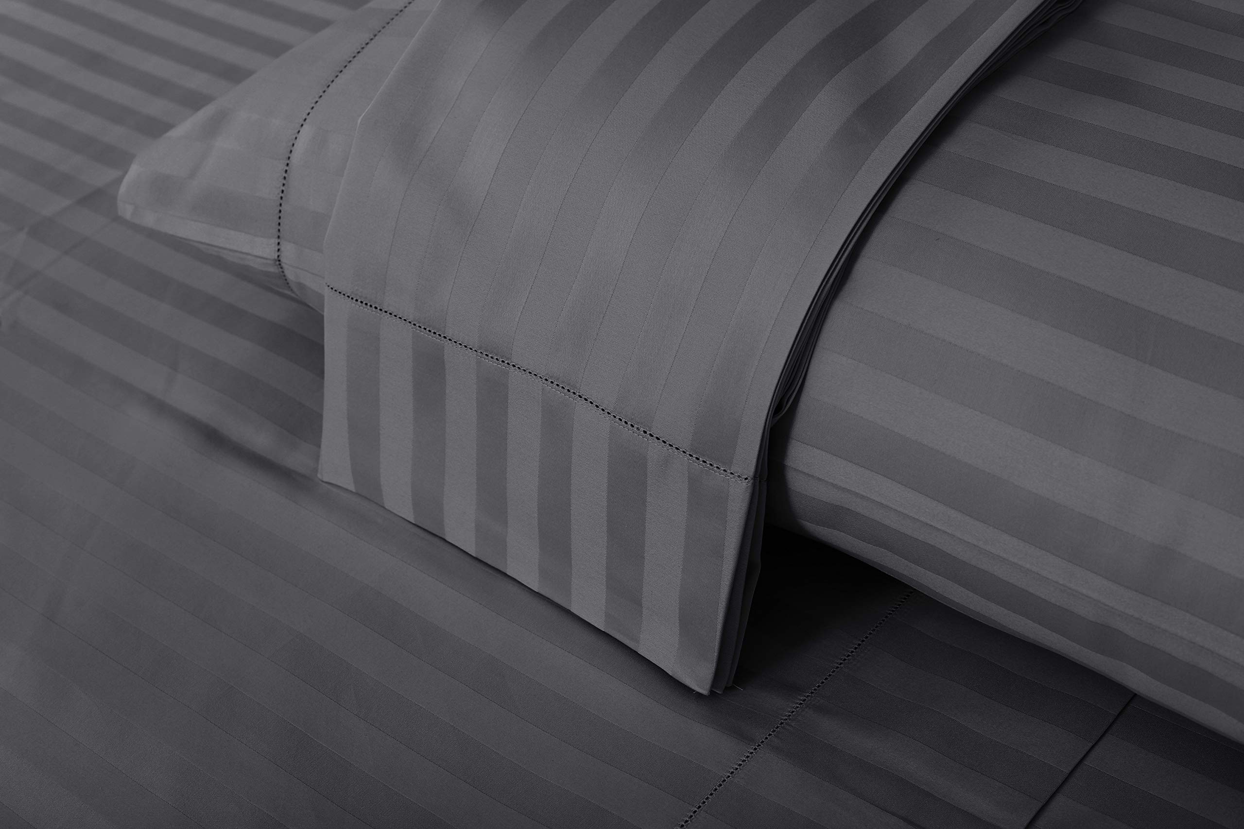 Threadmill 500 Thread Count Queen Size Damask Stripe, 4 Pc Luxury Cotton Sheet Set, Silky Smooth Dark Grey Sheets with 16" Elasticized Deep Pocket, 2 Pillowcases & Free Tote Bag