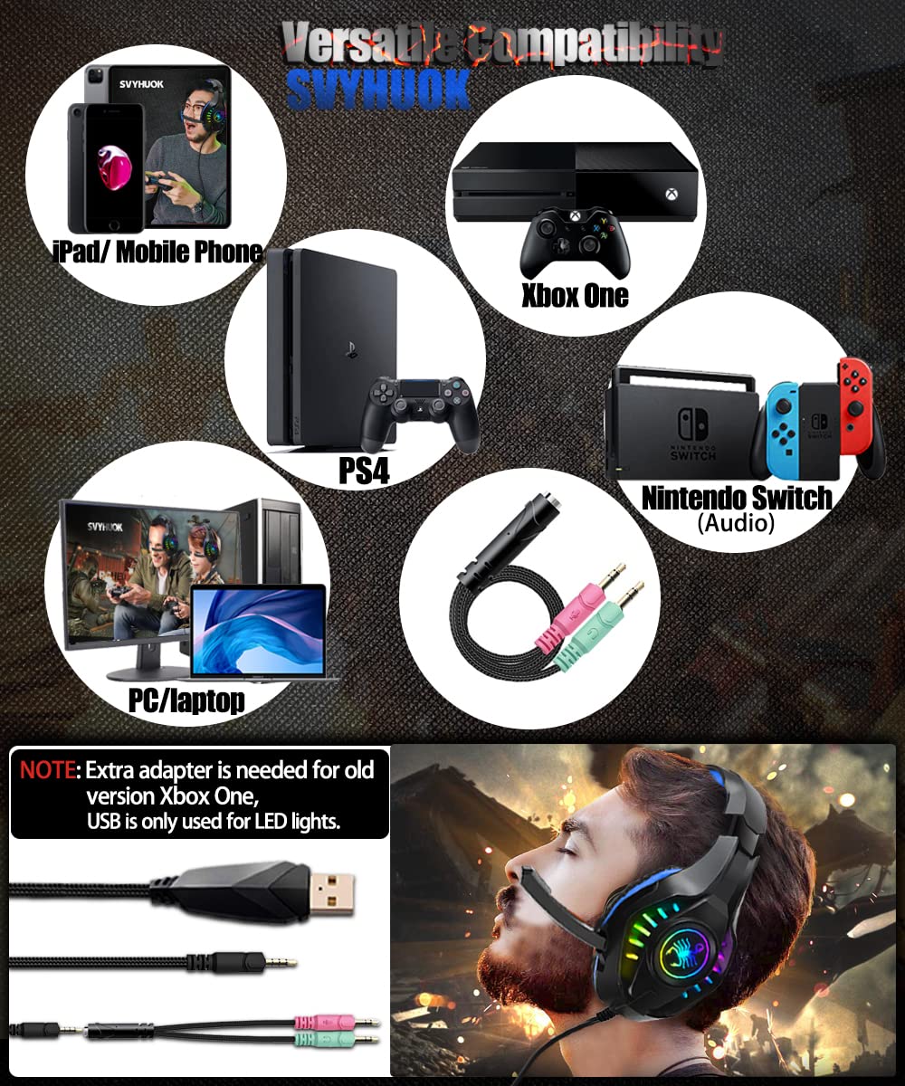 SVYHUOK Stereo Gaming Headset for PS4 Xbox One PC Controller, 3.5mm Wired Over Ear Headphones with Mic. LED Light&Memory Foam Ear Pads&Volume Control&Noise Cancelling SK-1 Kids Boys Gifts