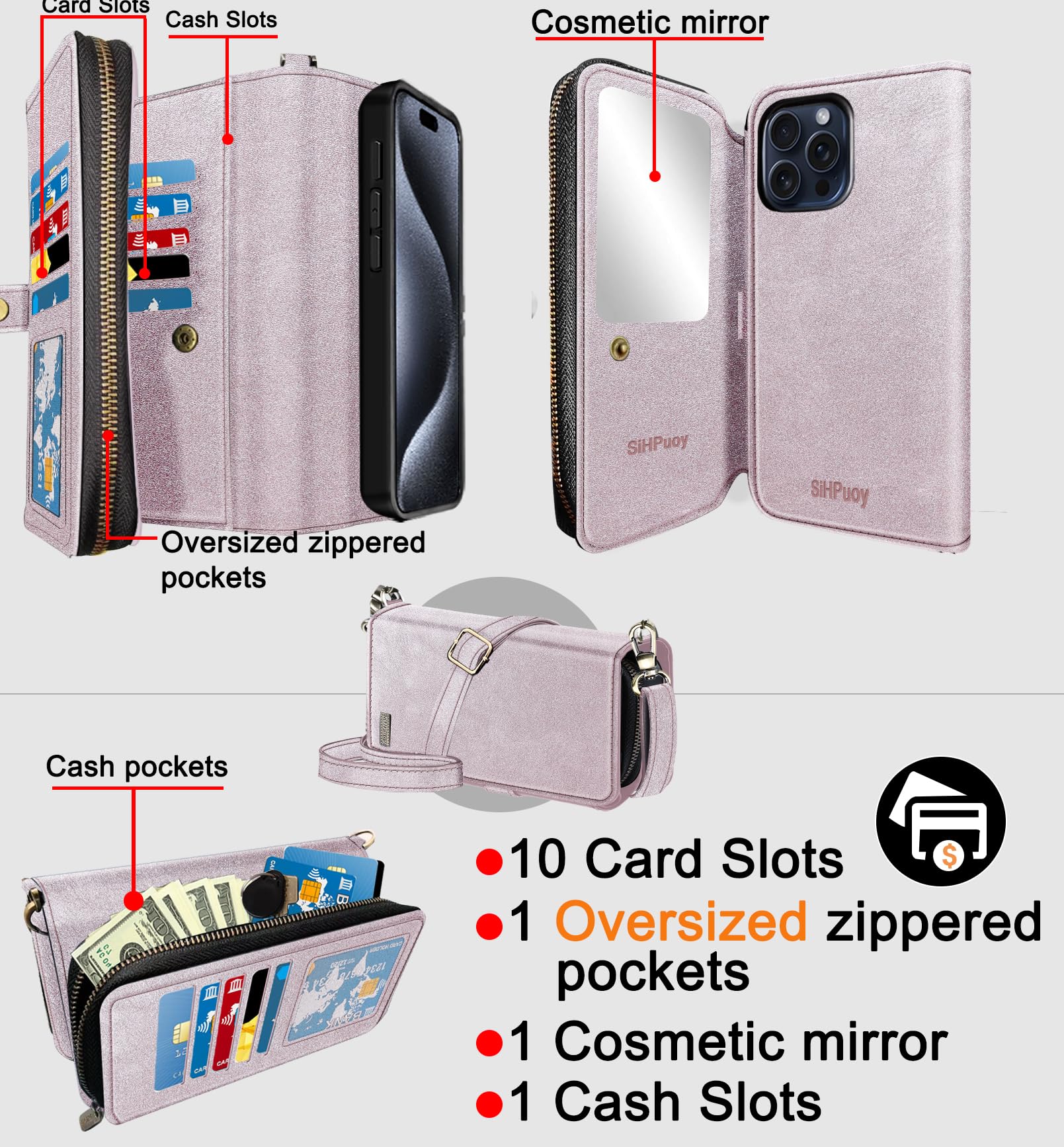 SiHPuoy Leather for Apple iPhone 15 Pro Max Wallet Case with Card Holder Kickstand, Phone Accessories for Woman Men Women, 2 Pack Screen Protector 2 Pack Camera Lens Cover, Black