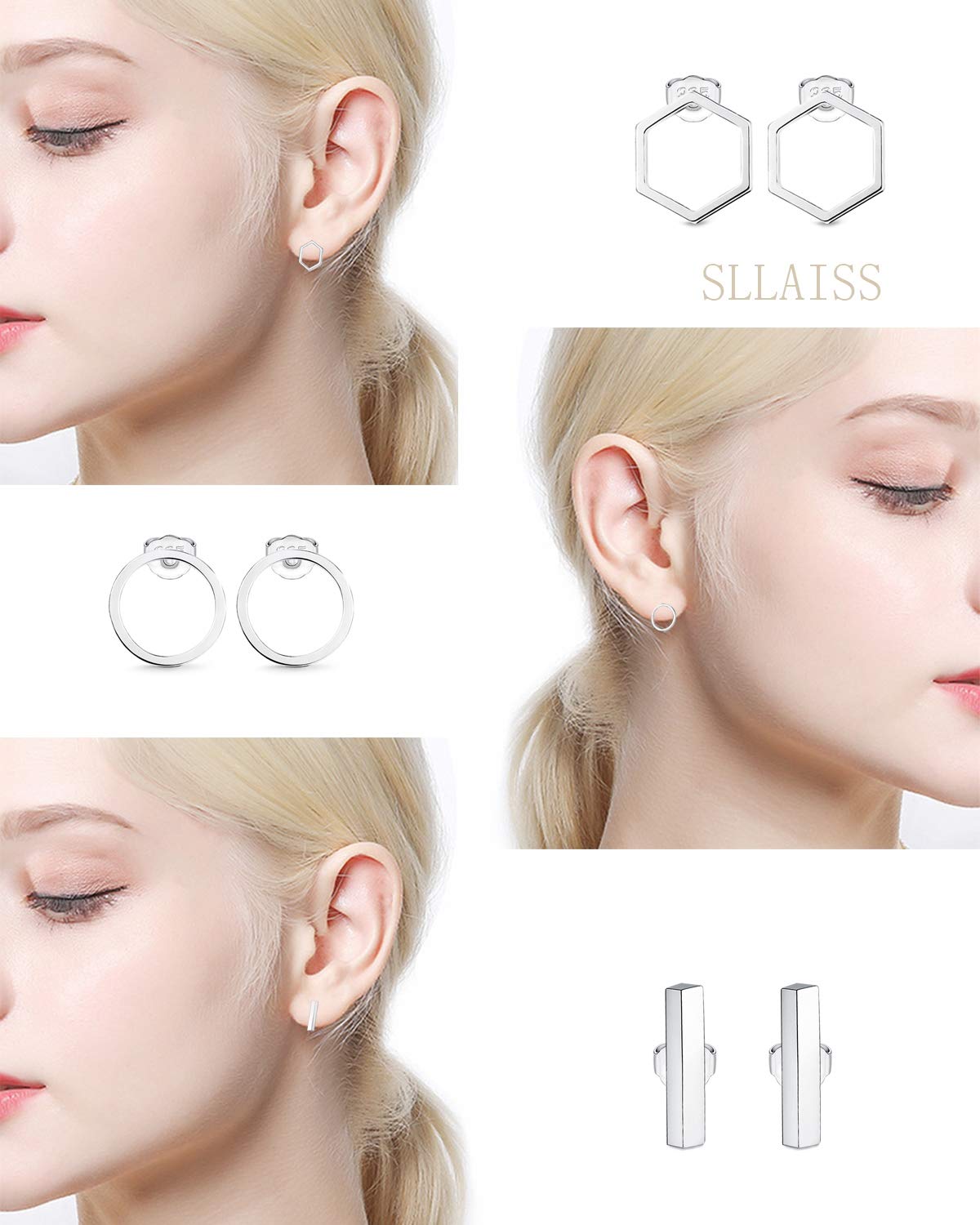 Sllaiss 3 Pairs 925 Sterling Silver Stud Earrings Set Bar Earrings Different Shapes