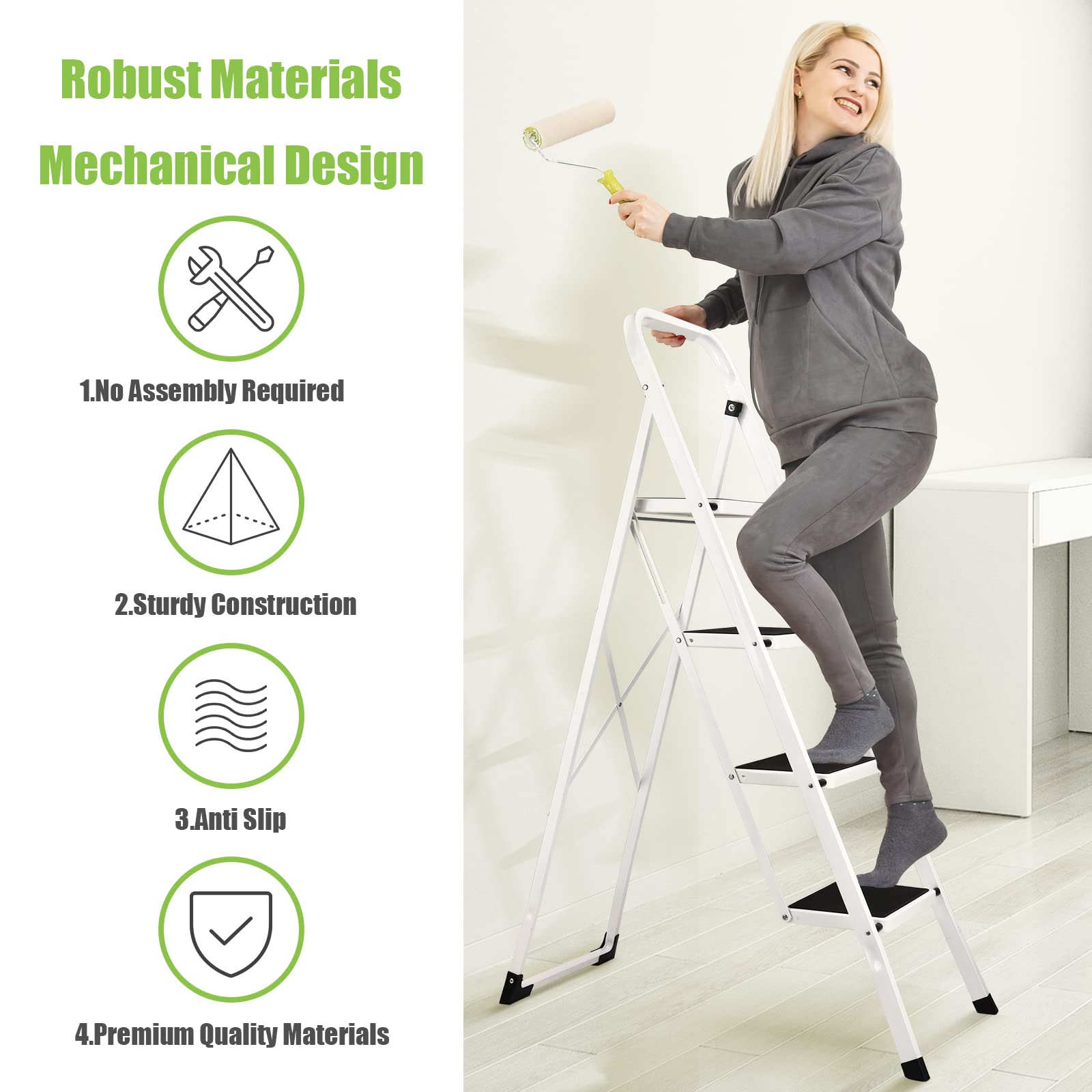 Soctone Step Ladder 4 Step Folding with Anti-Slip Pedal, Lightweight 4 Step Ladder with Handrails, 330 lbs Capacity Perfect for Kitchen & Household, White