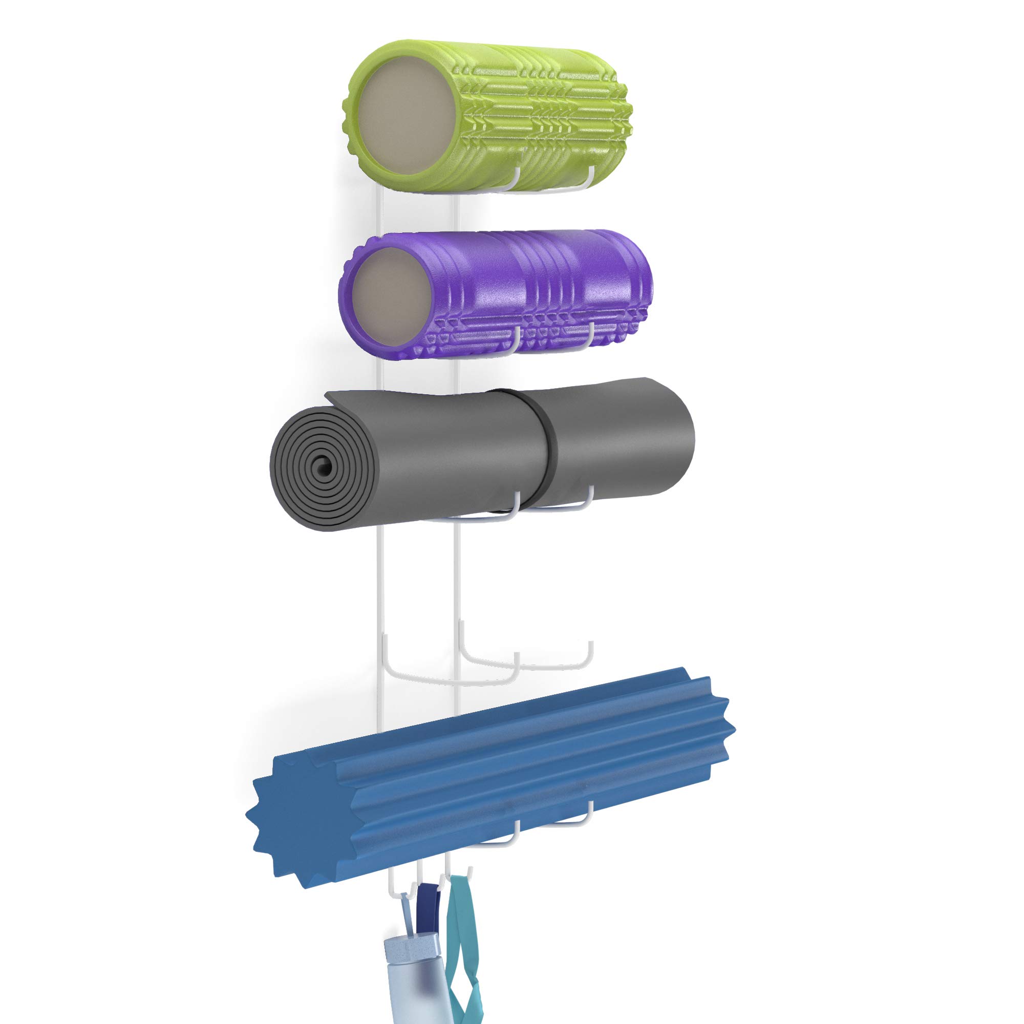 Wallniture Guru Foam Roller & Yoga Mat Holder Wall Mount with 3 Hooks for Hanging Yoga Strap, Resistance Bands, 5-Sectional Metal (White)