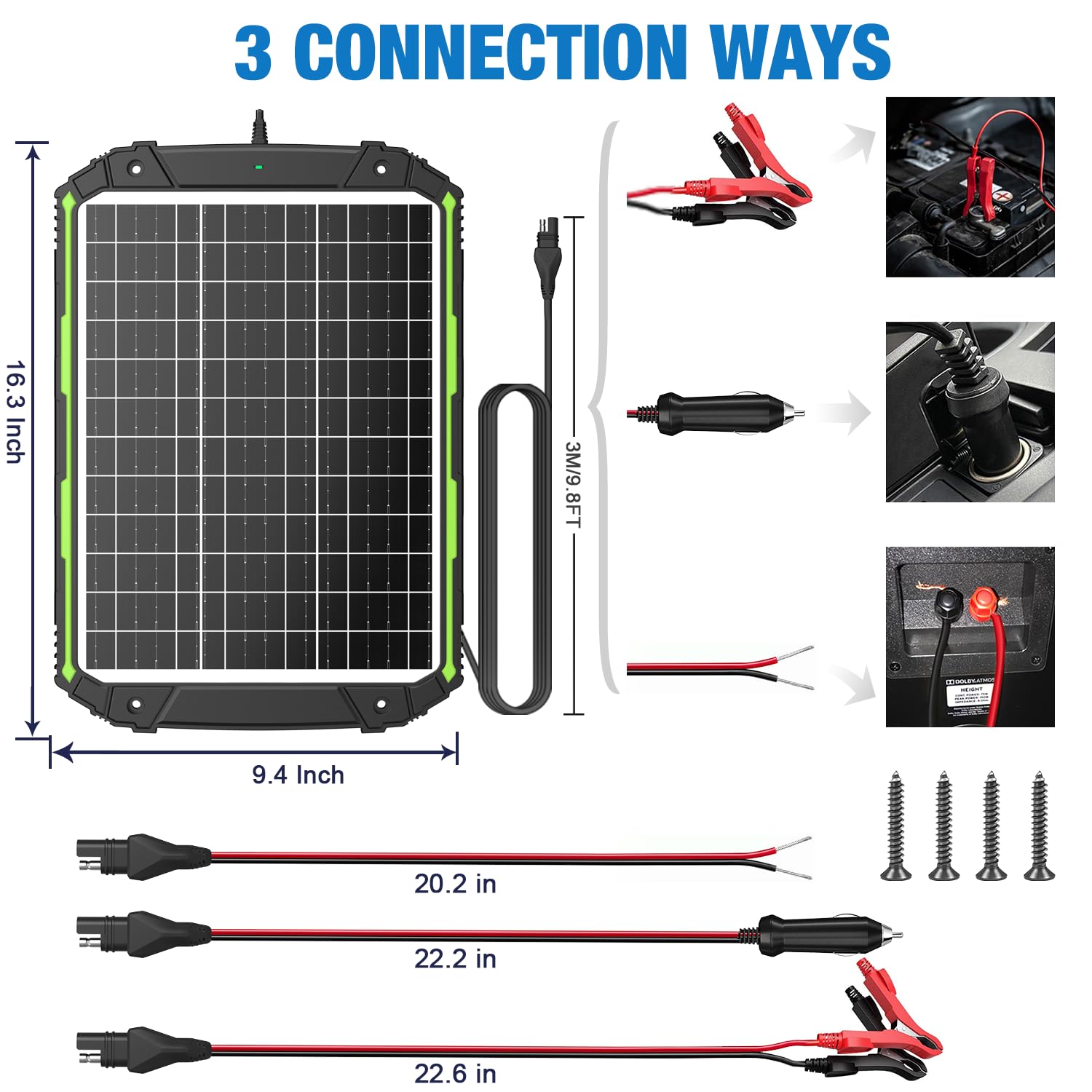Sun Energise Waterproof 12V 20W Solar Battery Charger Pro - Built-in MPPT Charge Controller + 3-Stages Charging - 20 Watts Solar Panel Trickle Charger with Adjustable Mount Brackets + SAE Cable Kits