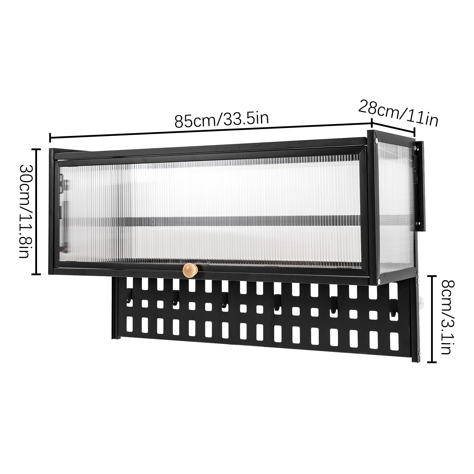 Wall Kitchen Cabinets, Metal Wall Cabinet, Aluminum Alloy Translucent Wall Cabinet with Plus Five Hooks, Flip-Up Glass Door Wall Cabinet Wall-Mounted Locker, (55lbs Capacity, 33.5*11*11.8in)