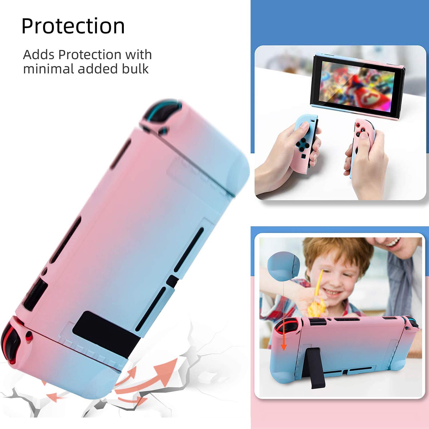 Upgraded Dockable Case for Nintendo Switch, FANPL Protective Case Cover for Nintendo Switch and Joy Con Controller with 2 Cat Paw Thumb Grips (Pastel Pink & Blue)