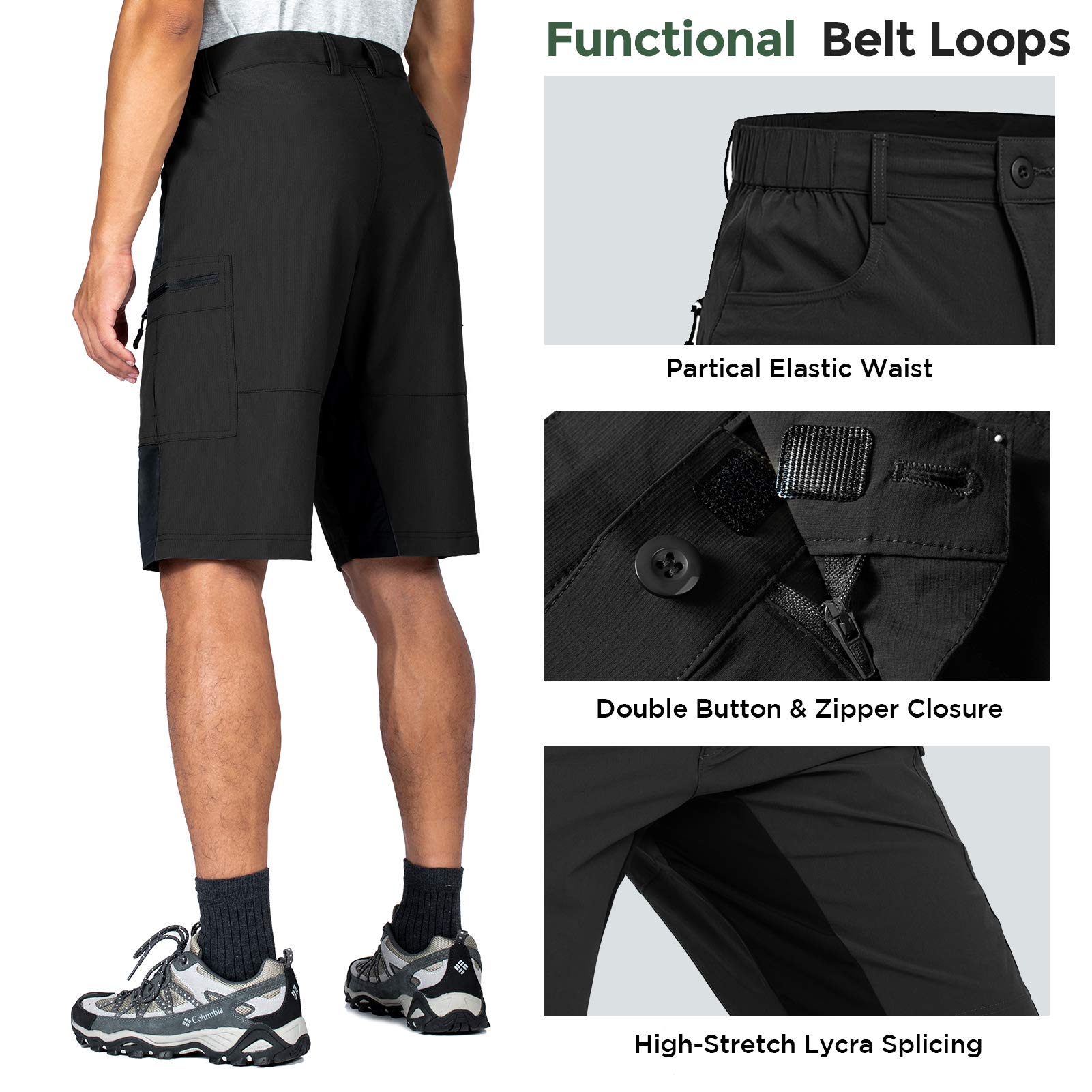 XKTTAC Men-Hiking-Shorts Strench Lightweight Outdoor Quick-Dry-Shorts with Zipper Pockets (Black, Large)