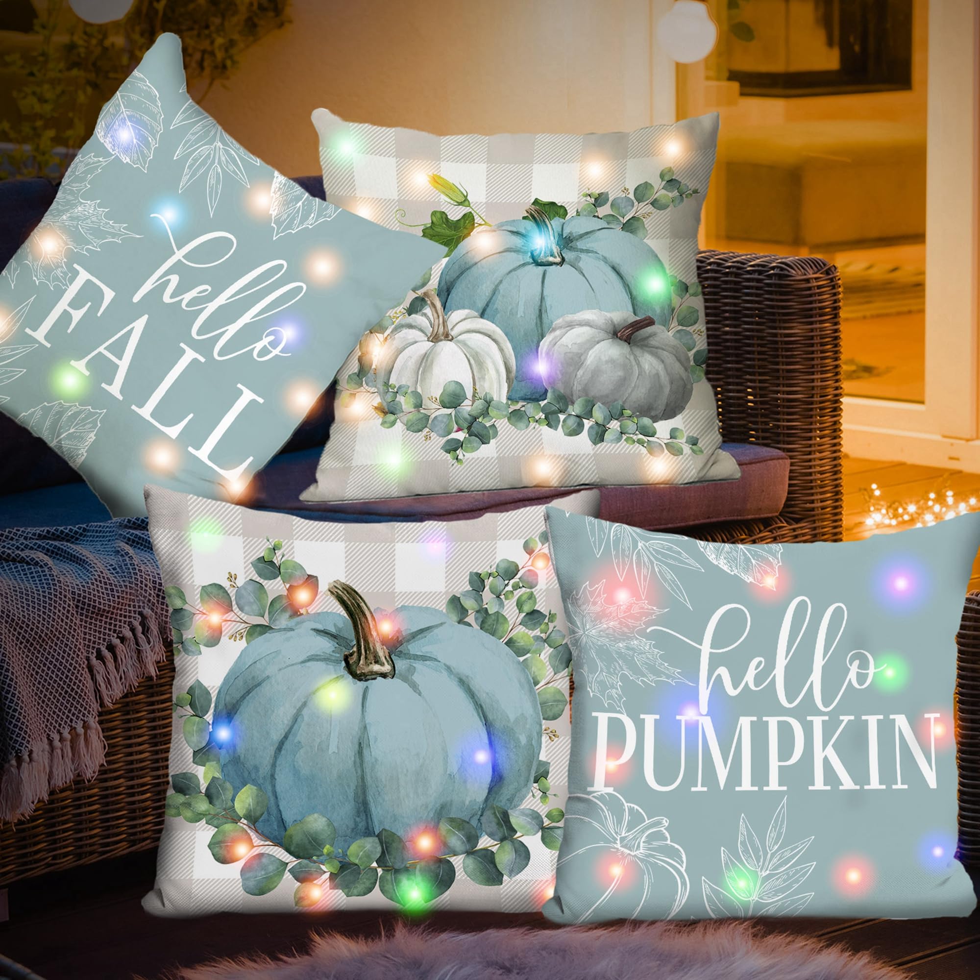 Thanksgiving Decorations Lighted Blue Pumpkin Thanksgiving Fall Pillow Covers 18x18, LED Blue Fall Decor Light up, Farmhouse Decorative Pillow Cover Set 4, Home Decor for Indoor Couch (Aqua/Teal)