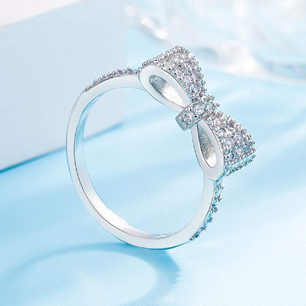 WANGYUSHENG Stylish Lovely Bow Statement Silver Plated Rings for Women ,Cubic Zirconia Rings for Adorable Gift (US size 6)