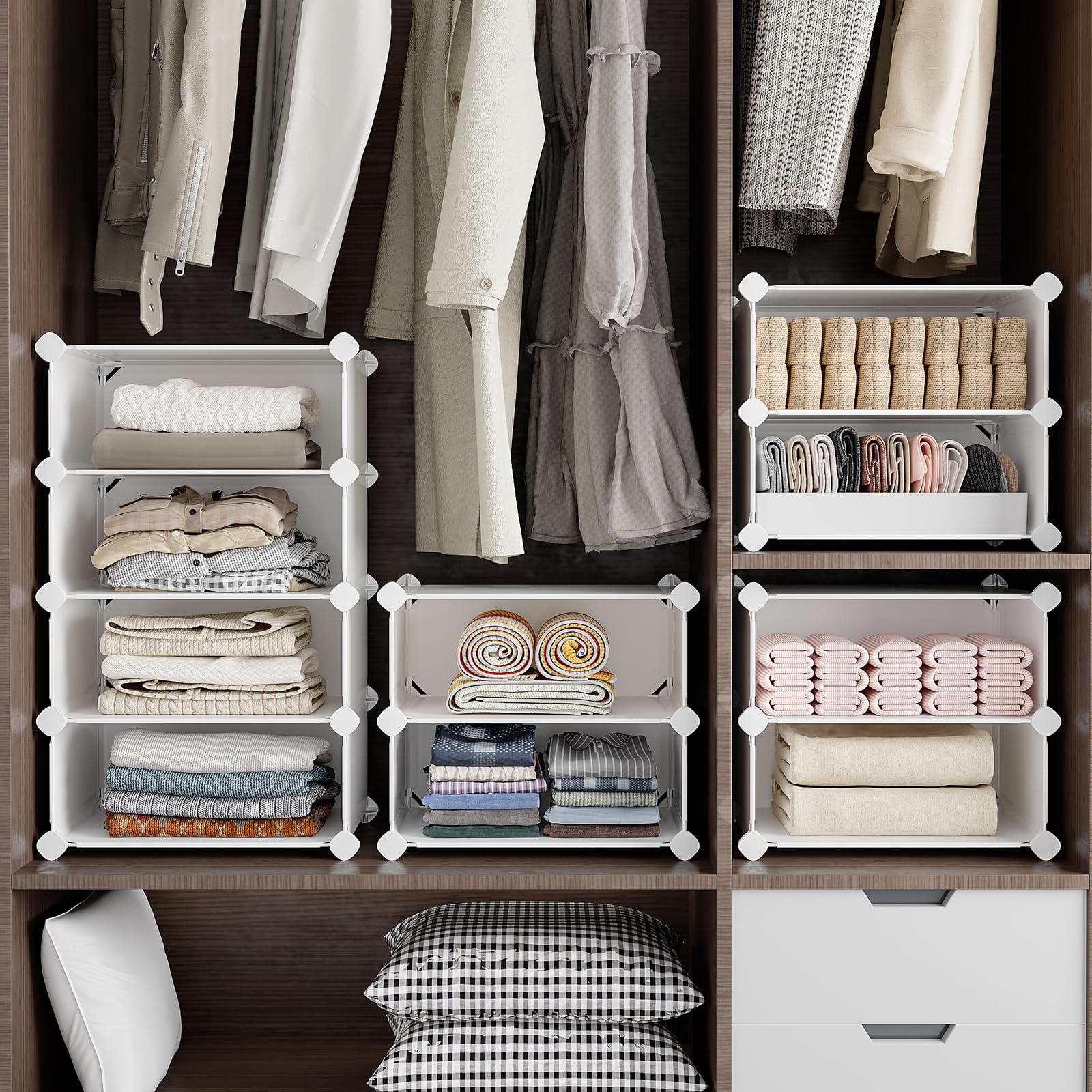 VIPZONE 4 Tier Closet Shelf, 12 inches Deep Stackable Closet Storage Shelves for Clothes,Easy Assembly Organizer Plastic Shelf Rack for Bedroom,White