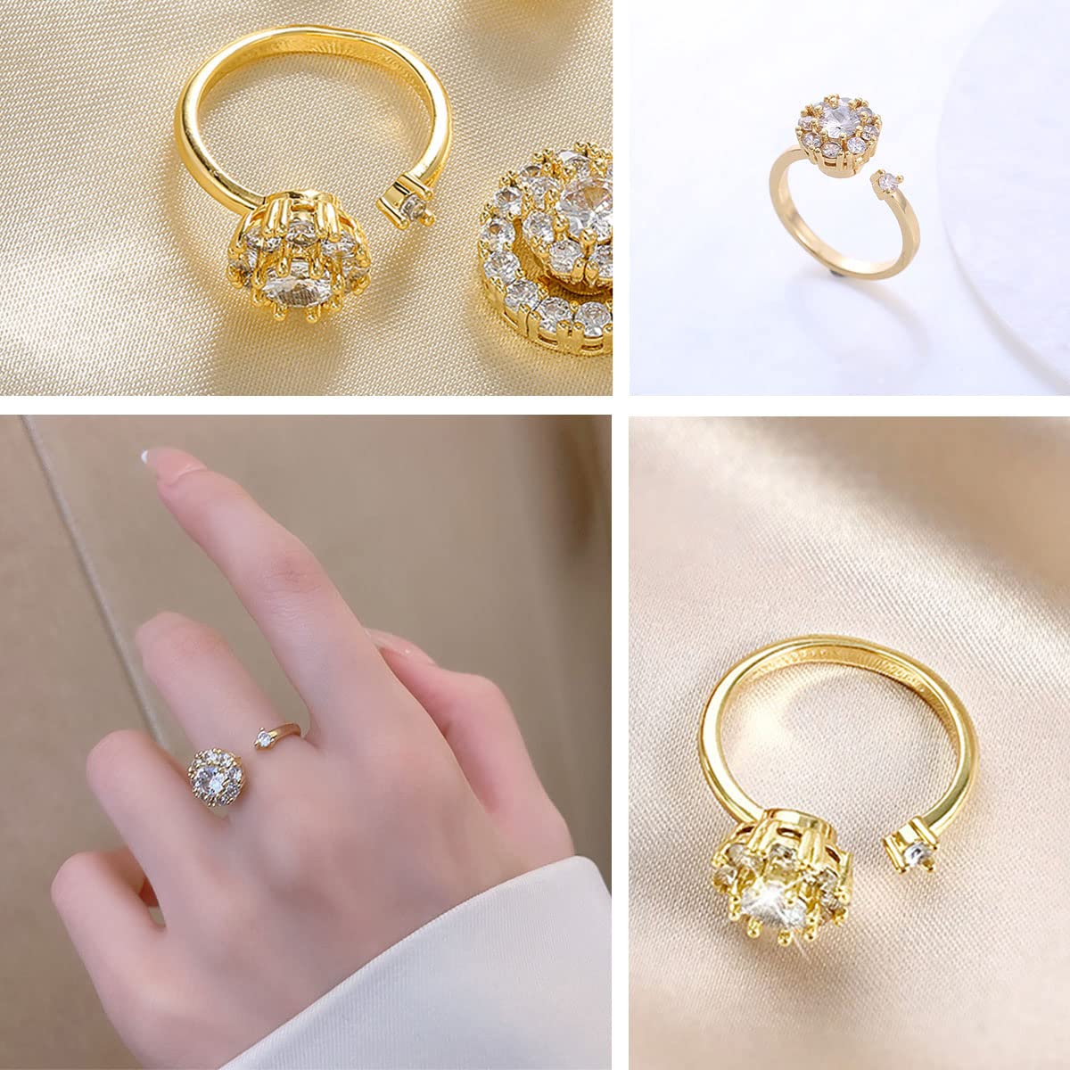 yfstyle Fidget Anxiety Rings for Women Adjustable Open Ring Set Cubic Zirconia Sunflower Spinner Ring Gift for Valentine's Day-gold 3pcs