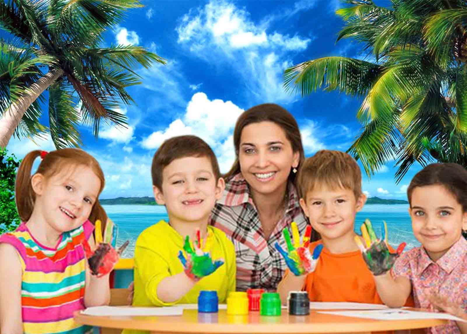 Summer Beach Theme Photo Hawaiian Ocean Blue Sky Seaside Tropical Palm Trees Luau Birthday Party Decor Banner 82x60in