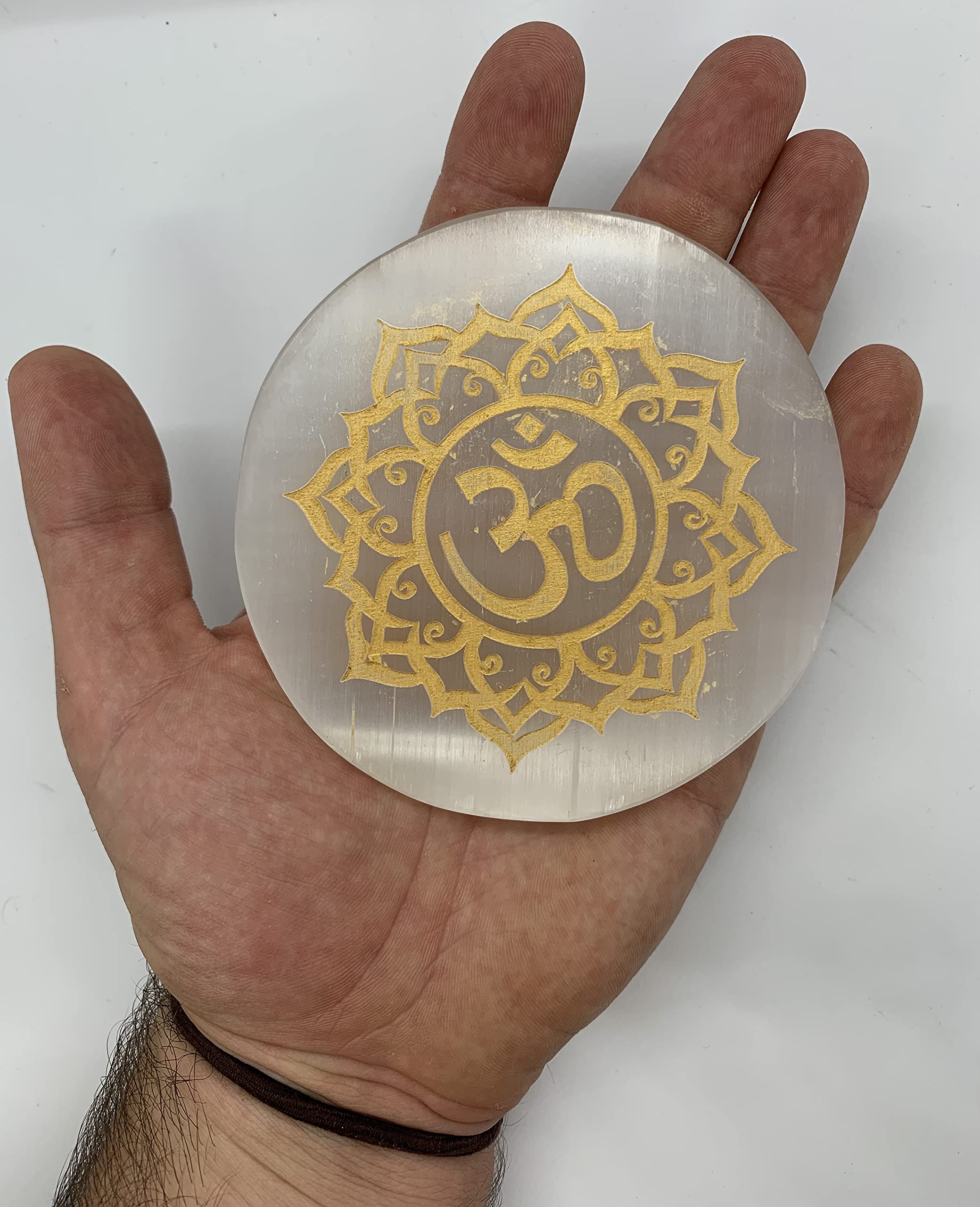 WeLoveCrystals Gold Om Selenite Charging Plate 3.5" Round Handmade Polished Flat Crystal Disc for Charging Crystals and Cleansing