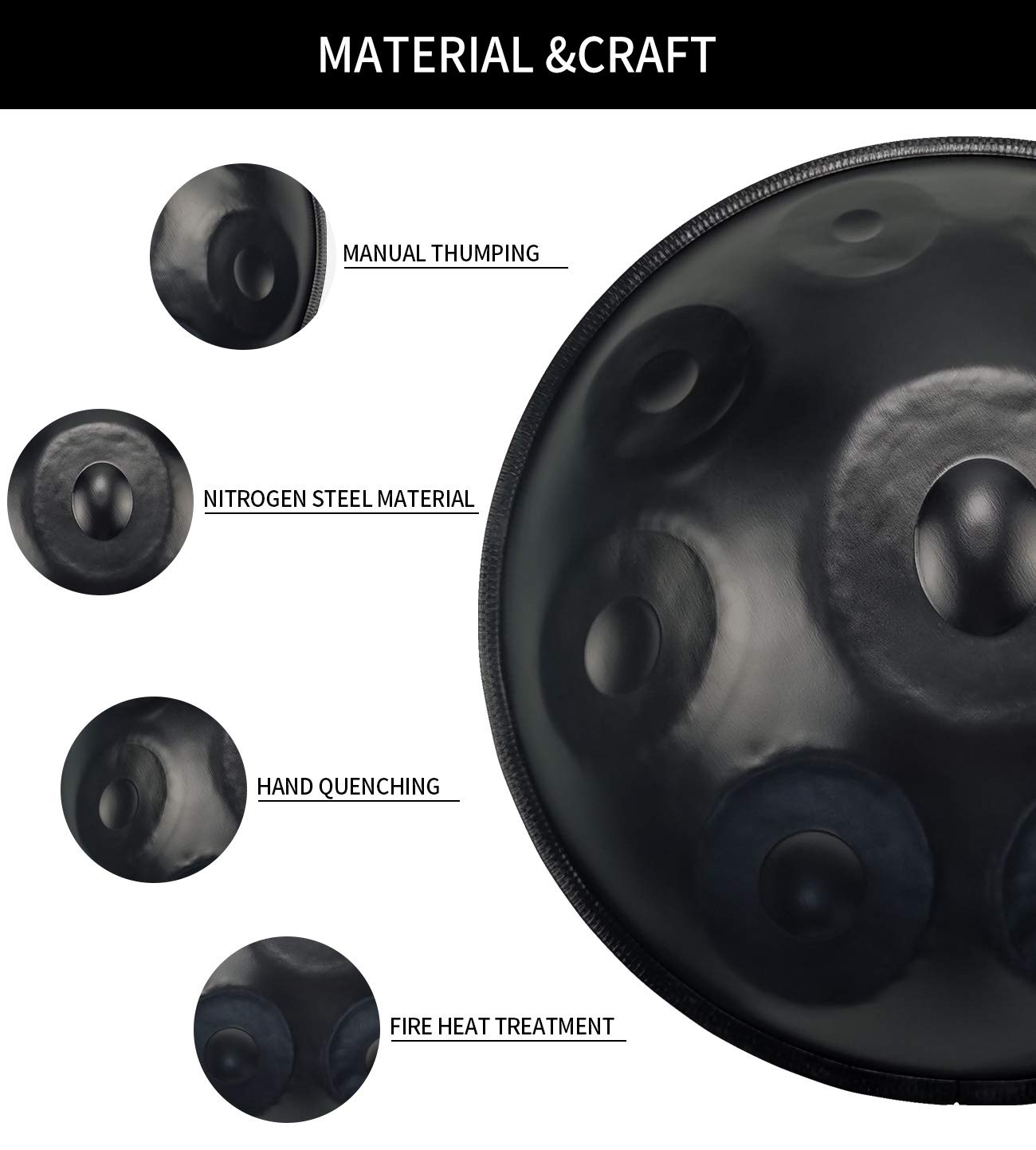 YuELinG 432Hz Handpan Steel Drum in D minor 9 notes with Soft Handpan csae, Handpan Stand, Handpan mallets and dust-free cloth (Black)
