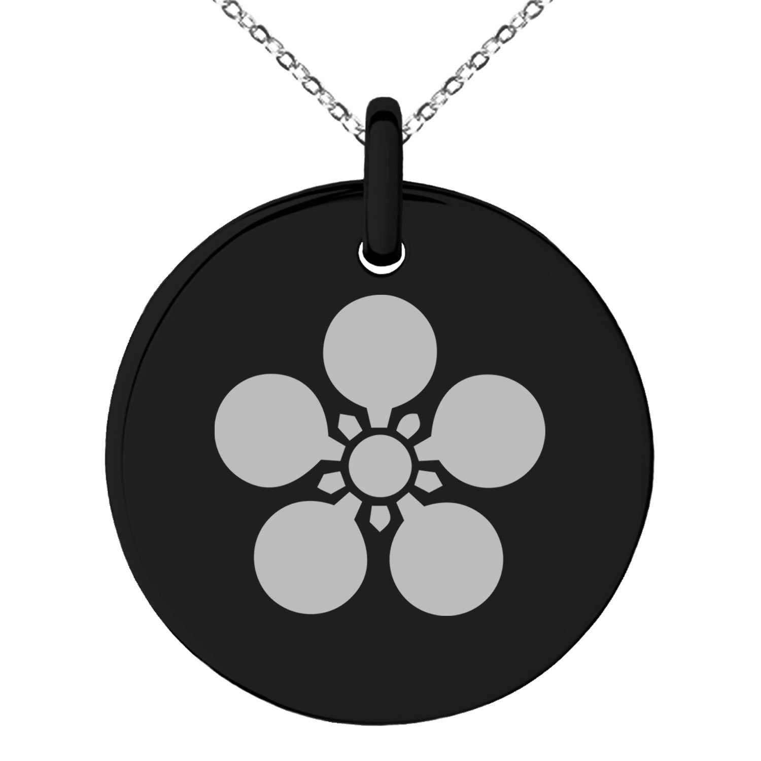 Tioneer Black Stainless Steel Maeda Samurai Crest Symbol Small Medallion Circle Charm Pendant Necklace