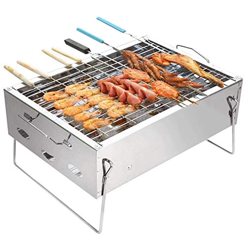 QIAOLI Charcoal Grill Barbecue Portable BBQ - Stainless Steel Folding Grill Tabletop Mini Outdoor Smoker BBQ for Garden Backyard Camping (Color : Silver)