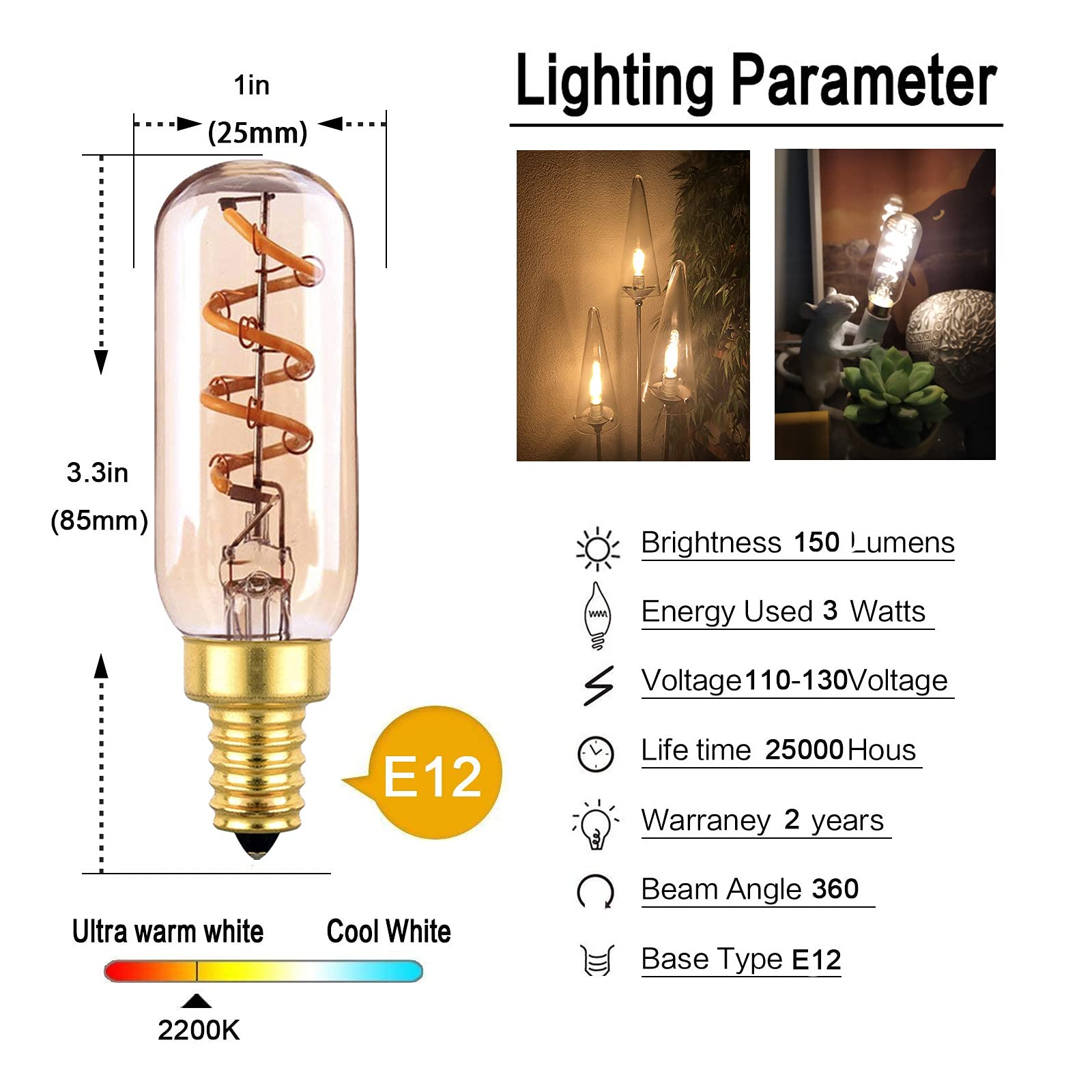 Sphoon 3W E12 Led Bulb Dimmable Amber Candelabra Base Equivalent Retro Edison Light Bulbs 25 watt T25/T6 Warm Yellow 2200K Decorative Spiral Filament Pack of 5pack