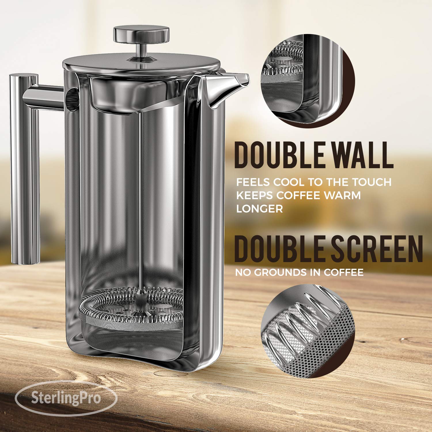 SterlingPro French Press Coffee Maker (1L)-Double Walled Large Coffee Press with 2 Free Filters-Enjoy Granule-Free Coffee Guaranteed, Stylish Rust Free Kitchen Accessory-Stainless Steel French Press