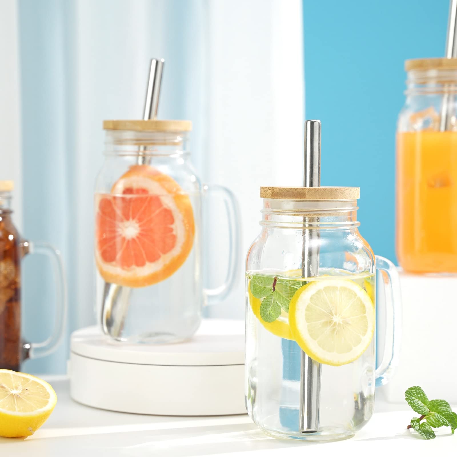 YANGTE 4 Pack Mason Jar Cups with Handles, 24oz Glass Tumbler with Bamboo Lid and Straw, Reusable Travel Tumbler Drinking Glass Cups for Iced Coffee, Smoothie, Tea