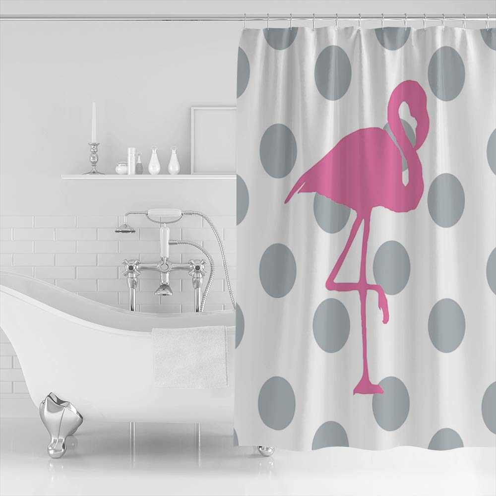 Shower Curtain Sets for Bathroom Decor with 12 Hooks, Simple Hand Painted Pink Flamingo Gary Dots 72x72 Inch Bath Curtain Washable Shower Curtain for Bathtub
