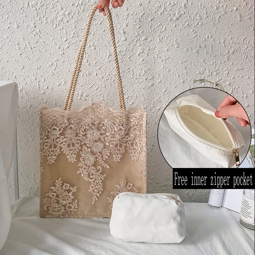 Sweet fairy lace bag hand shoulder tote bag embroidered hollow shopping bag (White)