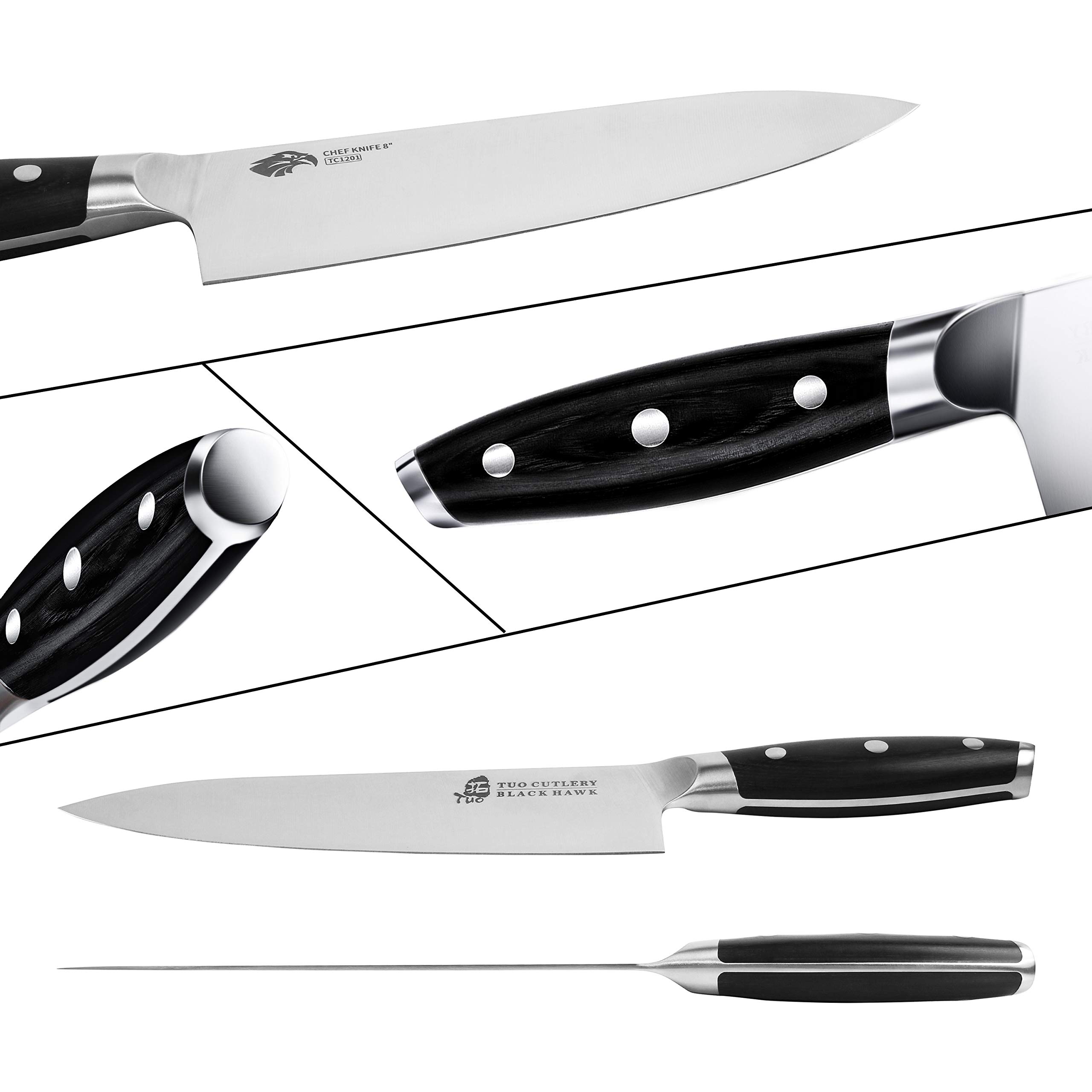 TUO Chef Knife -Professional Kitchen Chefs Knife Cooking Knife Gyuto Knives 8 Inch,Razor Sharp German HC Steel Japanese Chef Knife with Ergonomic Pakkawood Handle - BLACK HAWK SERIES in Gift Box