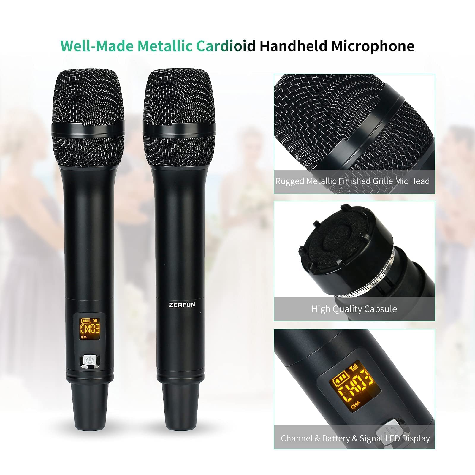 ZERFUN J5 Wireless Microphones, UHF Handheld Wireless Microphone System Professional, Dual Metal Wireless Mics Cordless Microphone with Echo Volume Channel Control, Receiver LCD Display, 200FT