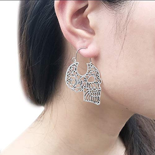 Unisex Skeleton earrings Spooky Skull earrings Hollow Silver Tone Halloween Earrings Dangle Human Skeleton Head Charm Lever-back Dangling Earrings For Women Men