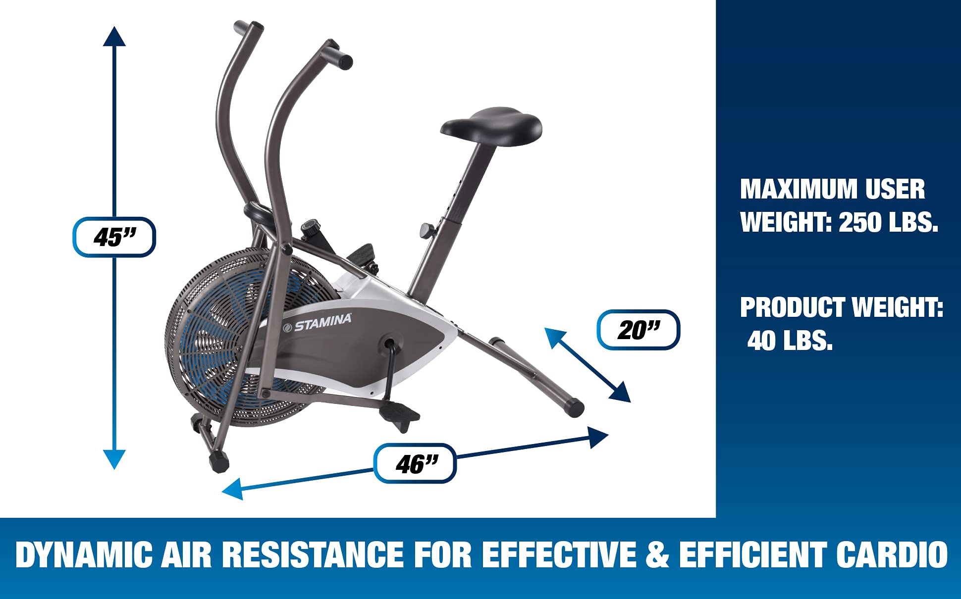 Stamina Air Resistance Bike 876 - Smart Workout App, No Subscription Required - Dynamic, Adjustable Tension - Multi-Function LCD Monitor - Dual-Action Arms to Engage The Upper Body