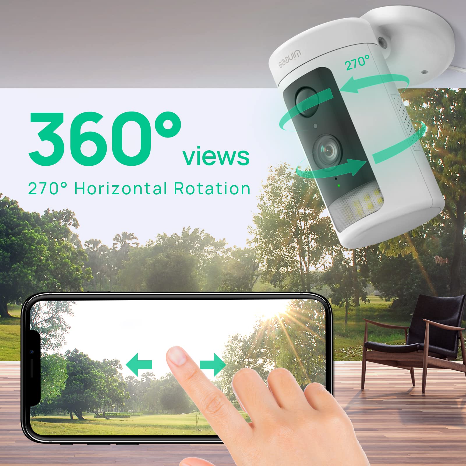 winees Security Camera Outdoor 2K Wi-Fi Spotlight Cam 360° Auto Tracking Home Surveillance Camera, Human/Pet/Vehicle/Package AI Floodlight Camera, Color Night Vision, Compatible with Alexa