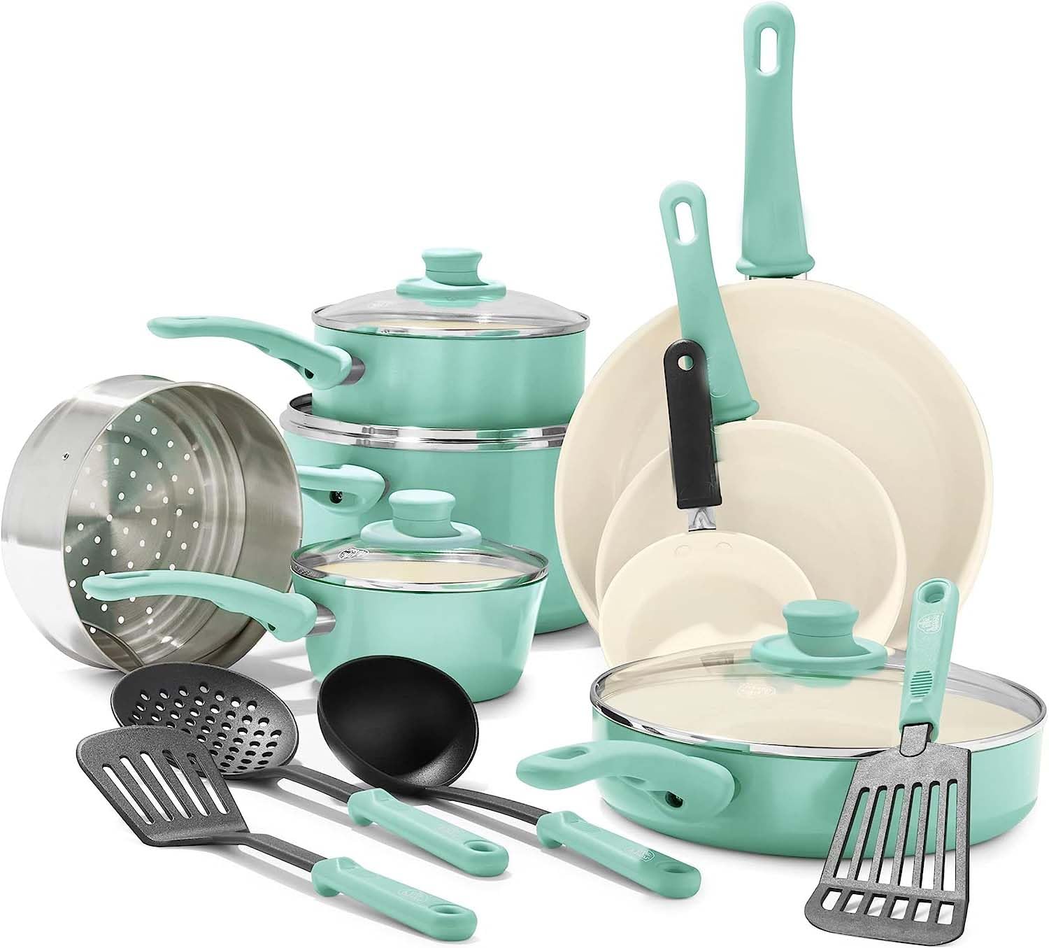 Soft Grip Healthy Ceramic Nonstick Cookware Set: 16-Piece Kitchen Pots and Frying Sauce Pans Set - PFAS-Free, Dishwasher Safe, and Turquoise Elegance!