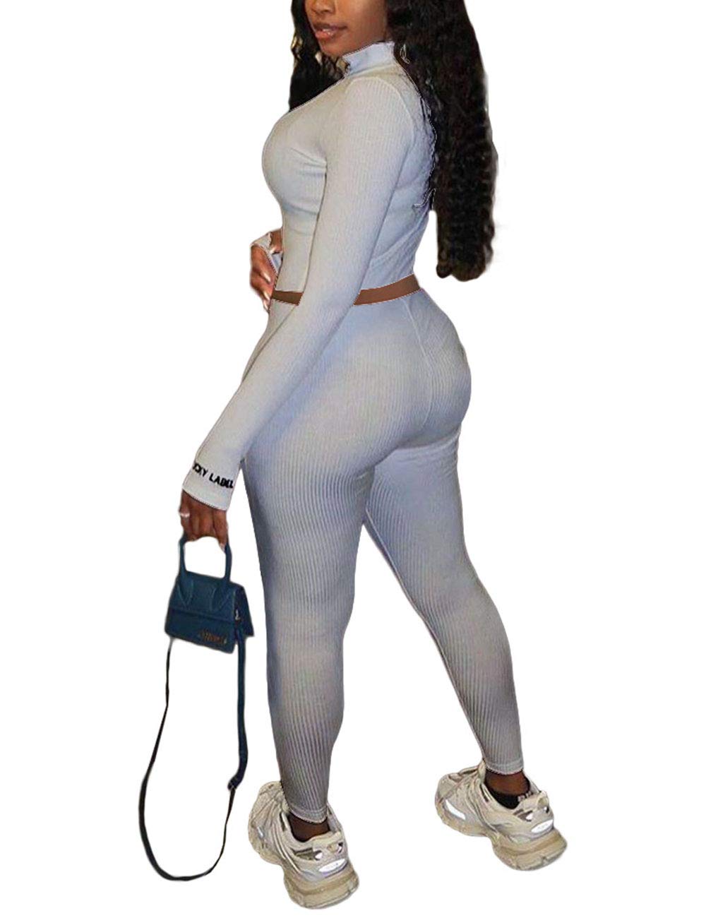 Women Track Suits 2 Piece Set Ribbed Long Sleeve Full Zip Crop Top + Jogging Pants Outfits Grey XL