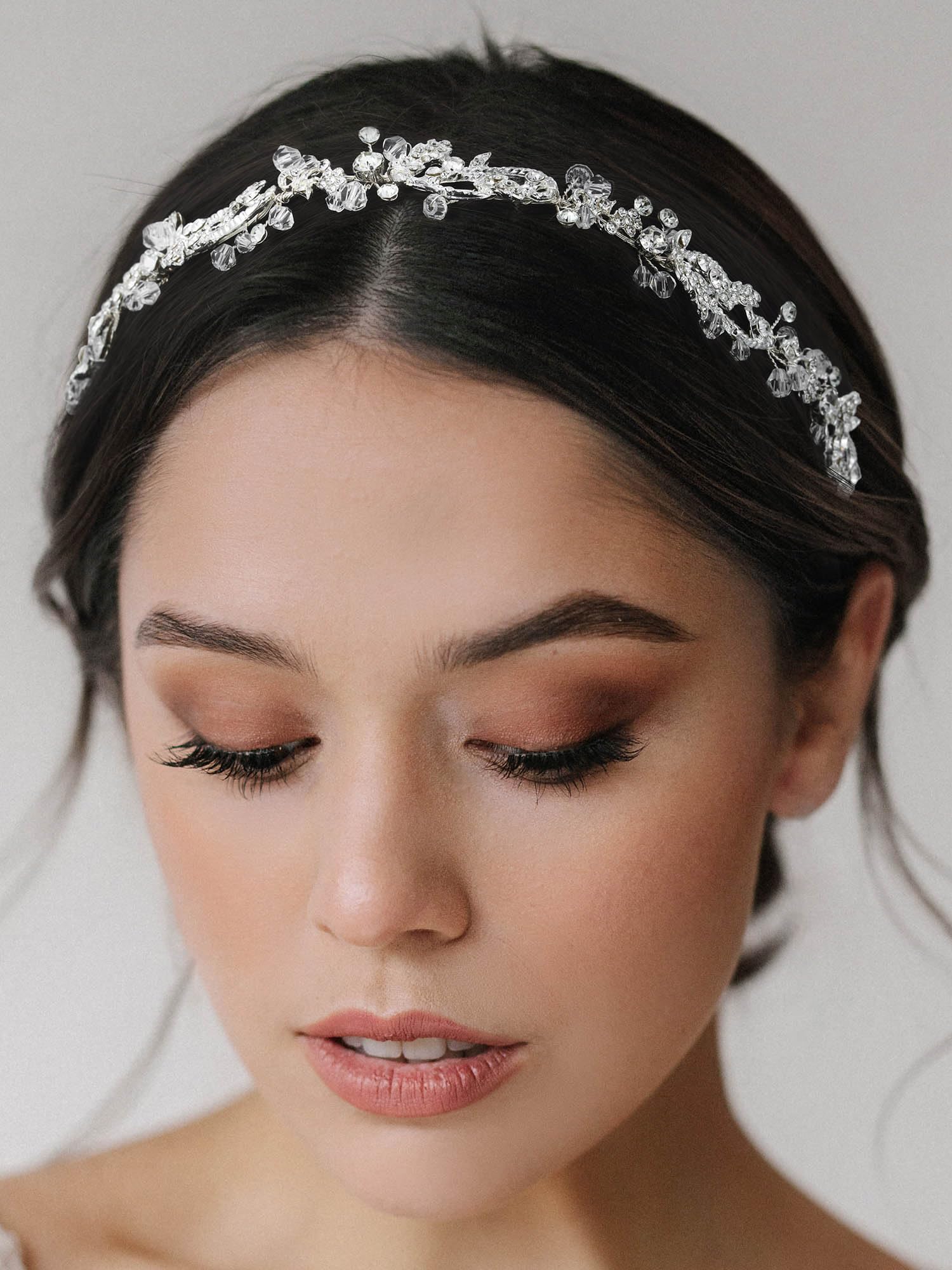 SWEETV Silver Wedding Headpieces for Bride Handmade Bridal Headband with Rhinestones Hair Accessories Hair Vine for Women