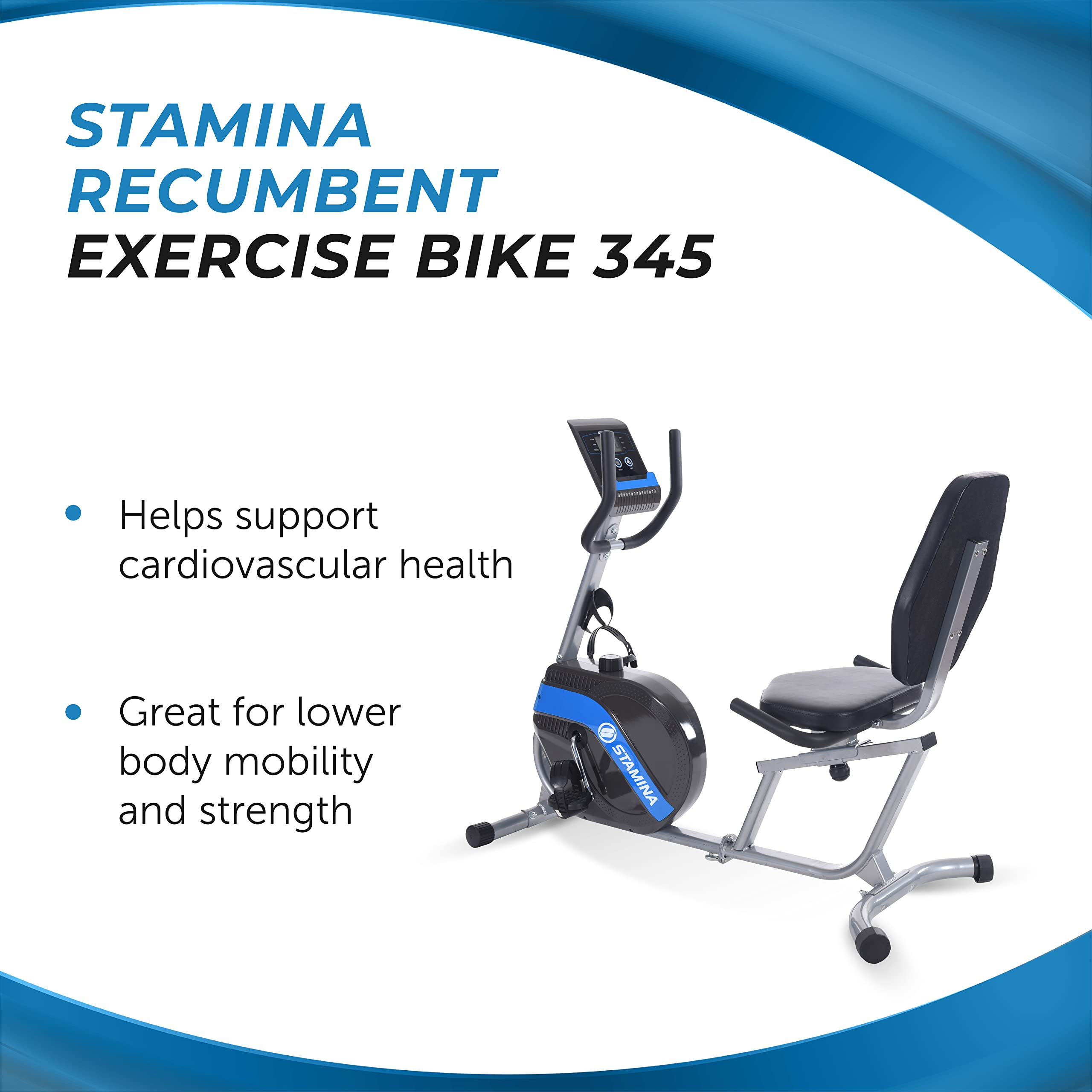 Stamina Recumbent Exercise Bike 345 - Exercise Bike with Smart Workout App - Recumbent Exercise Bike for Home Workout - Up to 300 lbs Weight Capacity