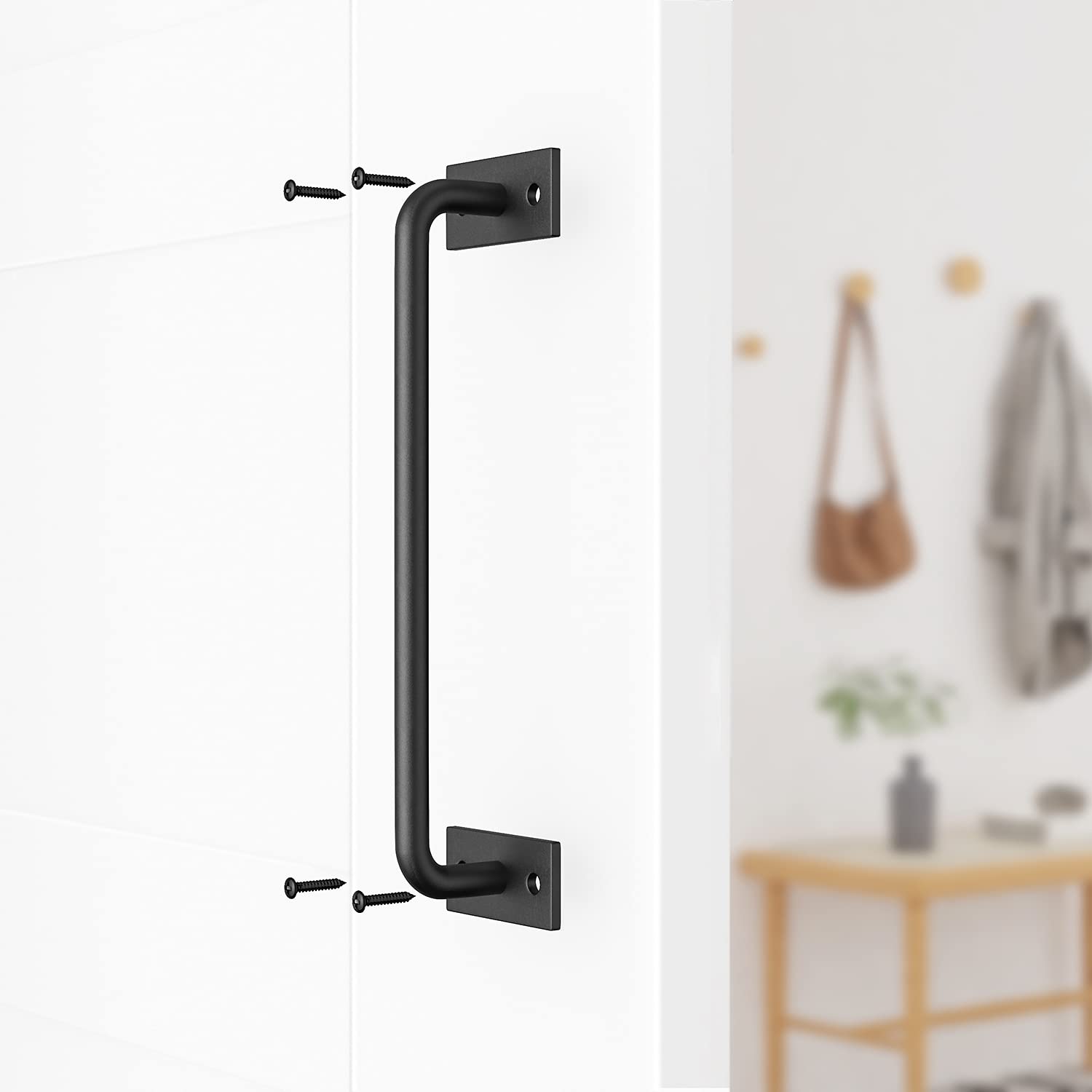 WINSOON 12'' Sliding Door Handle Hardware Barn Rustic Bar Pulls, Industrial Simple Iron Gate Handle Pull Set for Garage Cabinet, Flush Face Mounting with Screws, Black