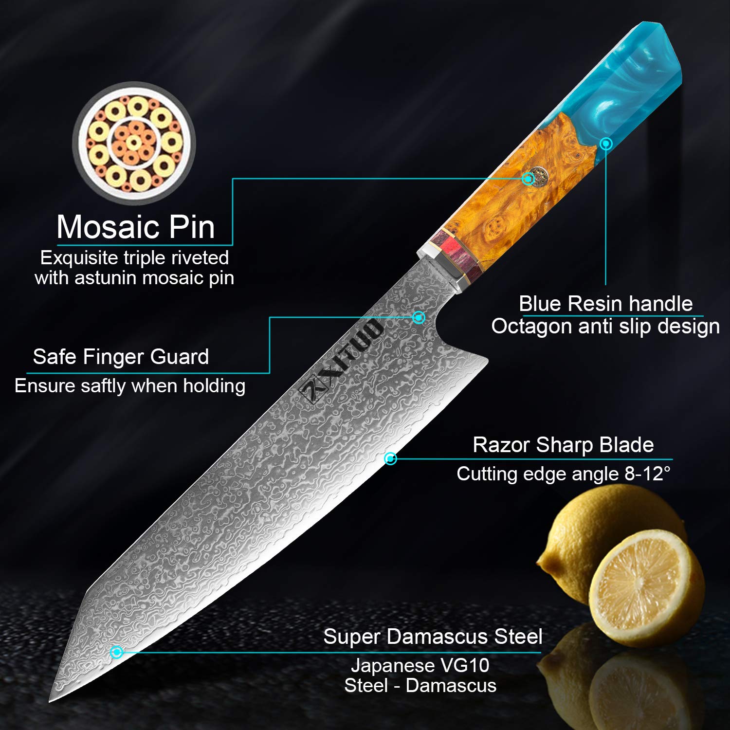 XT XITUO Kiritsuke Chef Knife,8 inch kitchen Knives Japanese VG10 Steel Damascus Kitchen Meat Sushi Cutting Cleaver Knife w/octagon Blue Resin handle Gift Box (8ββ LSZ-Kiritsuke Knife)β¦
