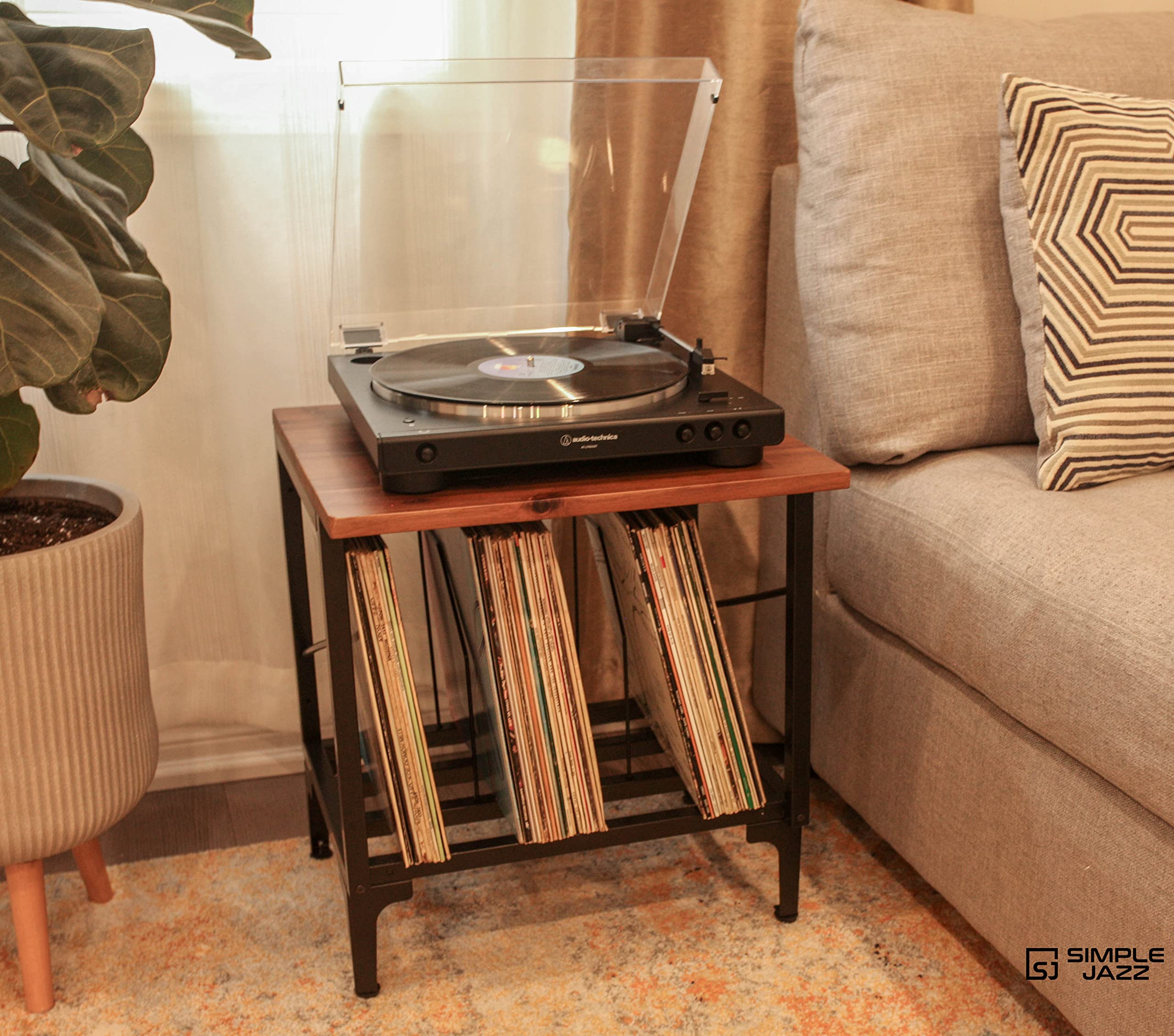 Turntable Stand with Vinyl Record Storage - Solid Acacia Wood with Sturdy Metal Structure - Two-way placement: Wall Mount and Floor Stand (Acacia Wood tabletop and Matte Black metal body)