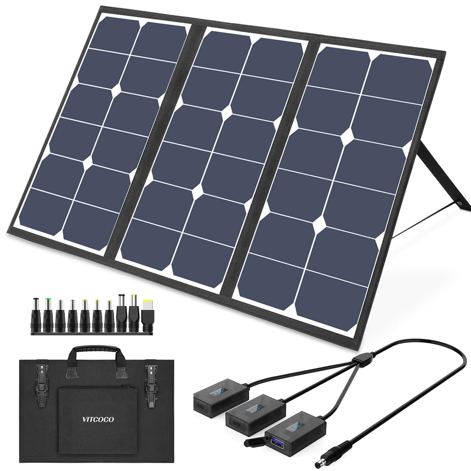 VITCOCO 63W Solar Charger Solar Panel, with 3 USB Port 2 DC Port Portable Foldable Waterproof Solar Charger Camping for Laptop Tablet, iPhone, iPad, Drone, Camera and All USB Devices