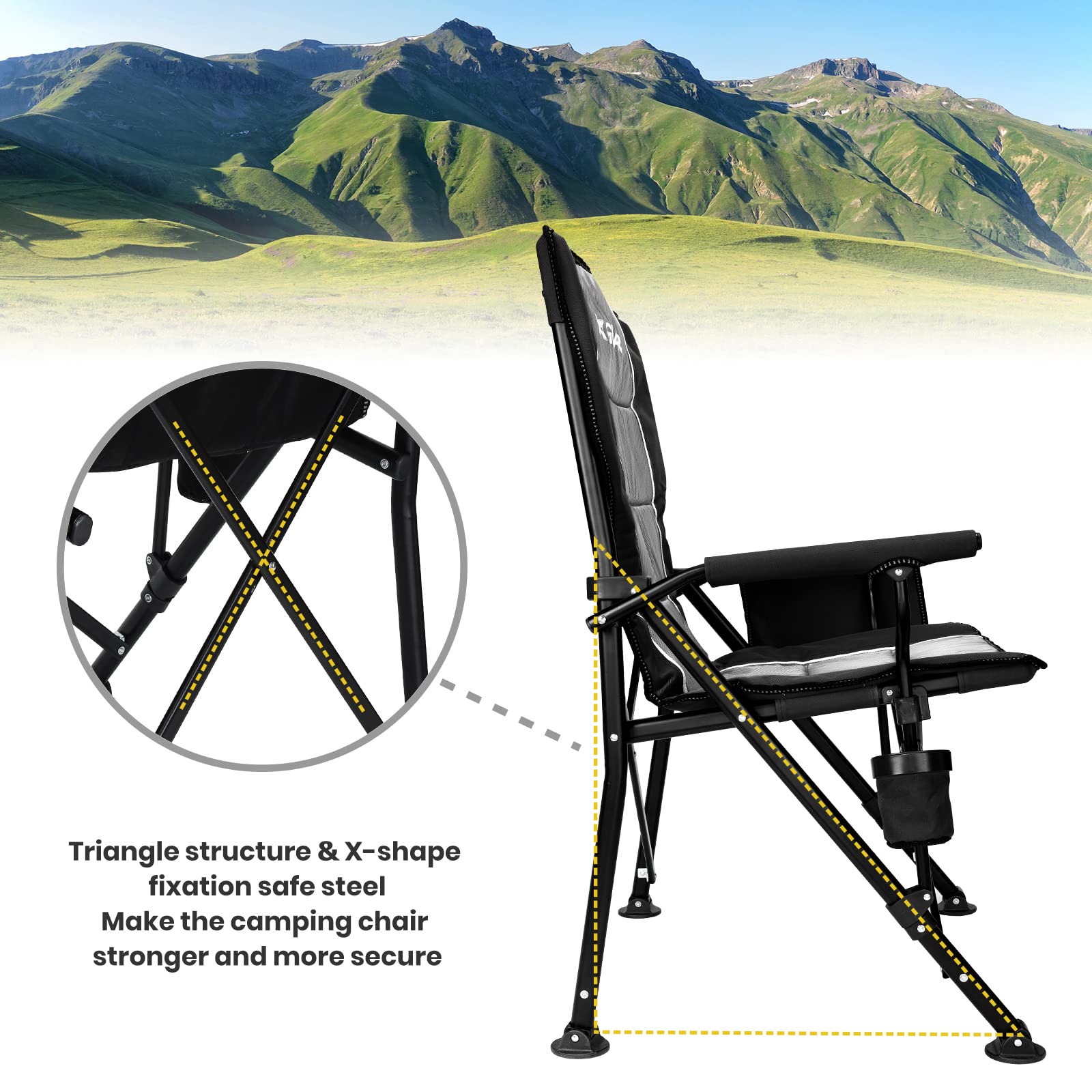XGEAR Camping Chair High Back Camp Chair with Padded Hard Armrest, Cup Holder and Side Storage Bag Included (Black/Silver)