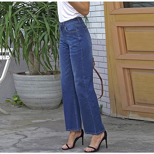 vet-ixioh Womens Bell Bottom Jeans Button Waist Flared Jean Pants Classic Basics Bootcut Denim Pants Slim Trousers Blue