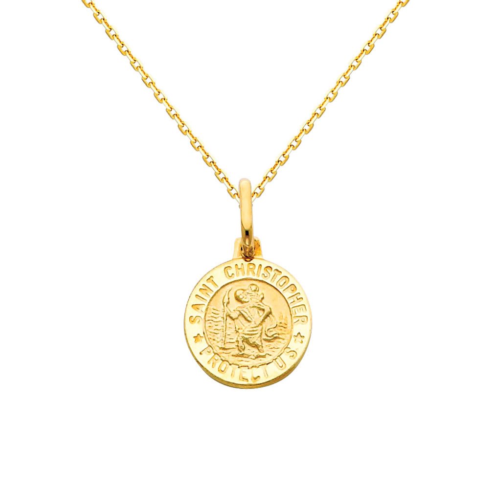 The World Jewelry Center 14k REAL Yellow Gold Religious Saint Christopher Medal Pendant with 0.9mm Cable Chain Necklace - 16"