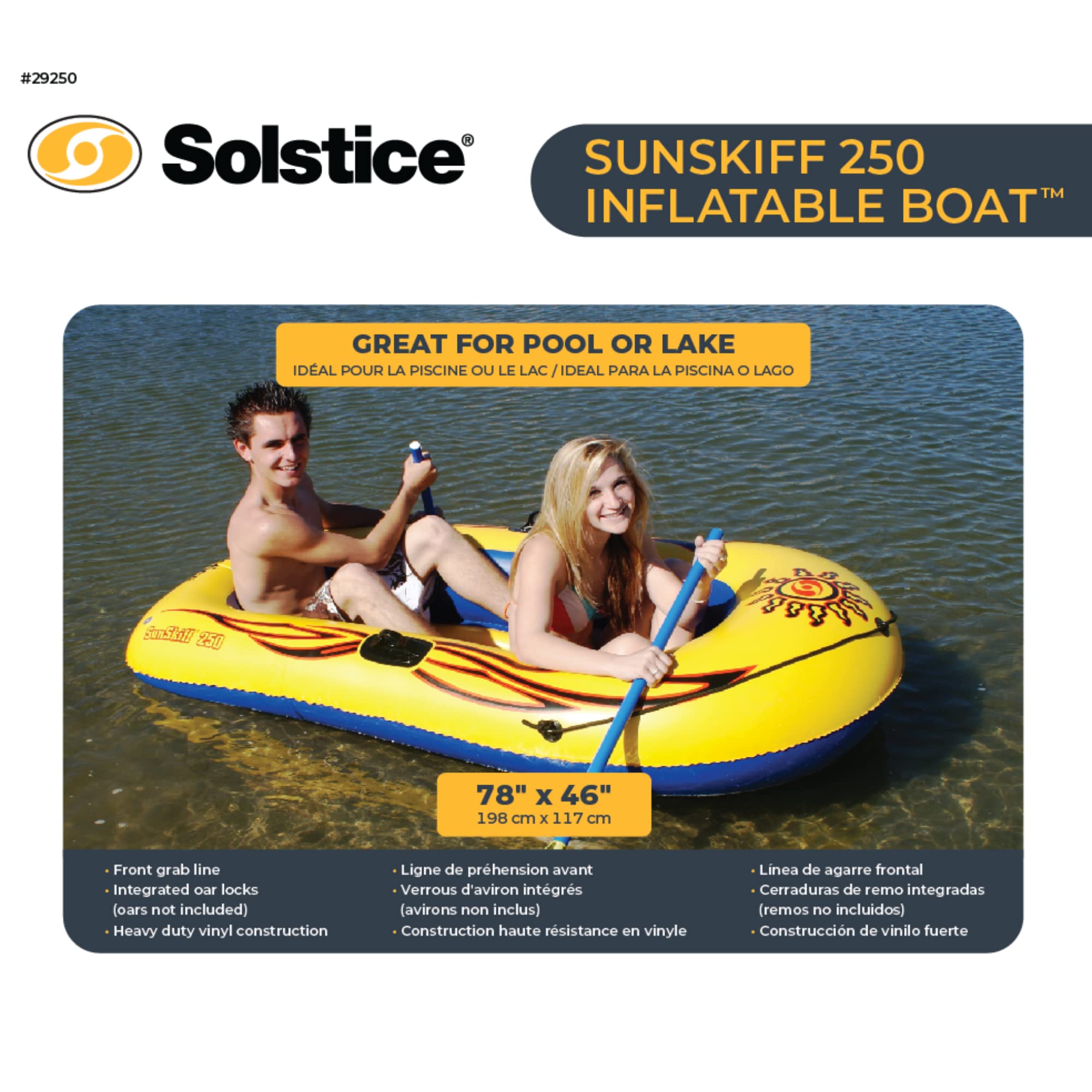Solstice Inflatable Boat Rafts 2 Person for Adults & Kids Comes W/ Pole Oar Holders Cushioned Comfortable Base Grab Line 6 Ft Size Sunskiff Kits Dinghy Air Floor Yellow