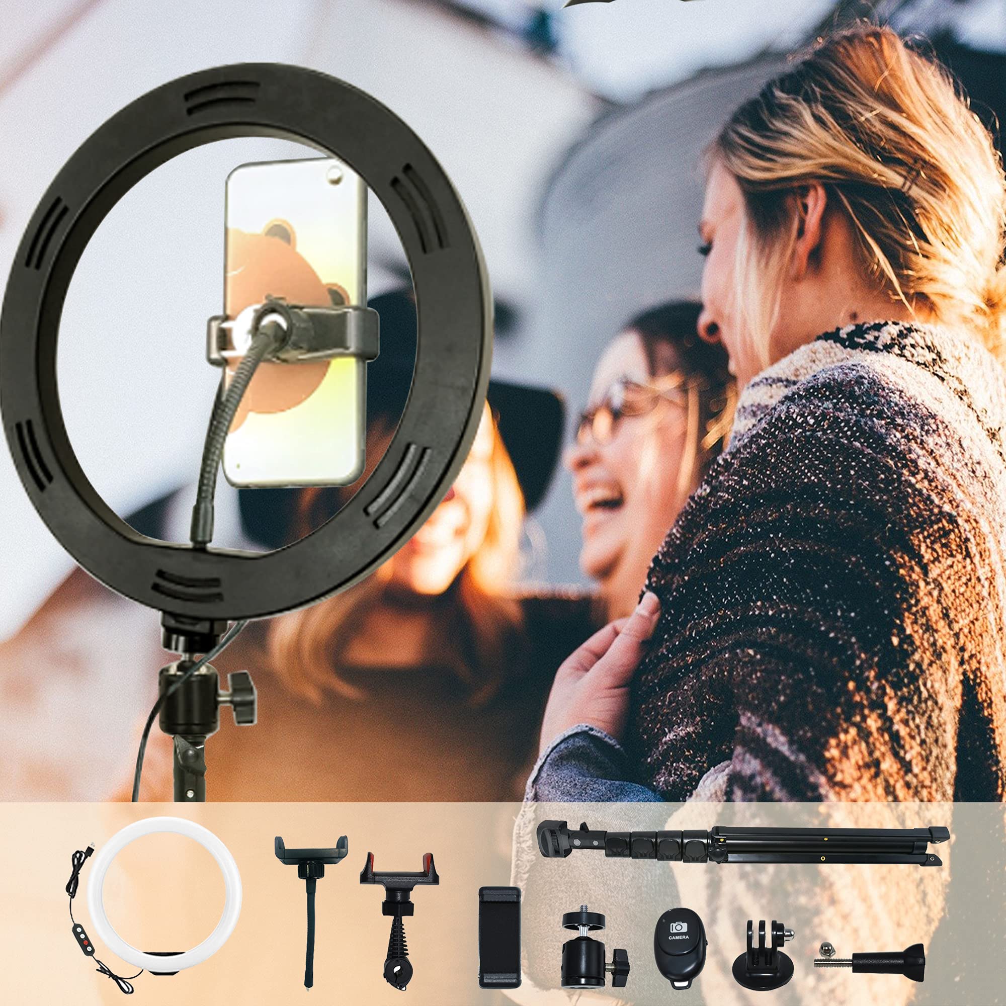 TINOSP 10" Selfie Ring Light with 61" Tripod Stand & 2 Cell Phone Holders for Zoom/Makeup, Dimmable Led Ring Light with Remote Compatible with YouTube/Live/Tiktok/Instagram, Fit for Gopro & Camera