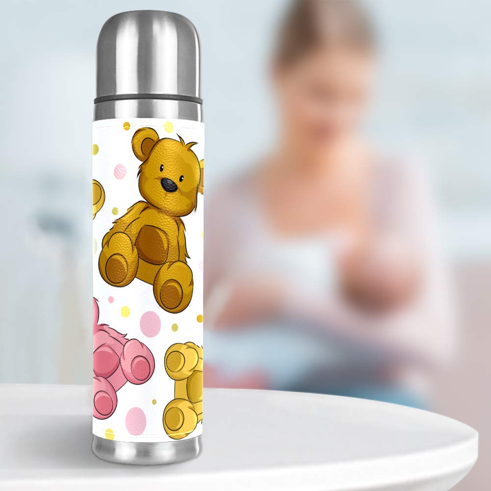Stainless Steel Leather Vacuum Insulated Mug Featuring Bears Thermos Water Bottle For Hot And Cold Drinks Kids Adults 16 Oz