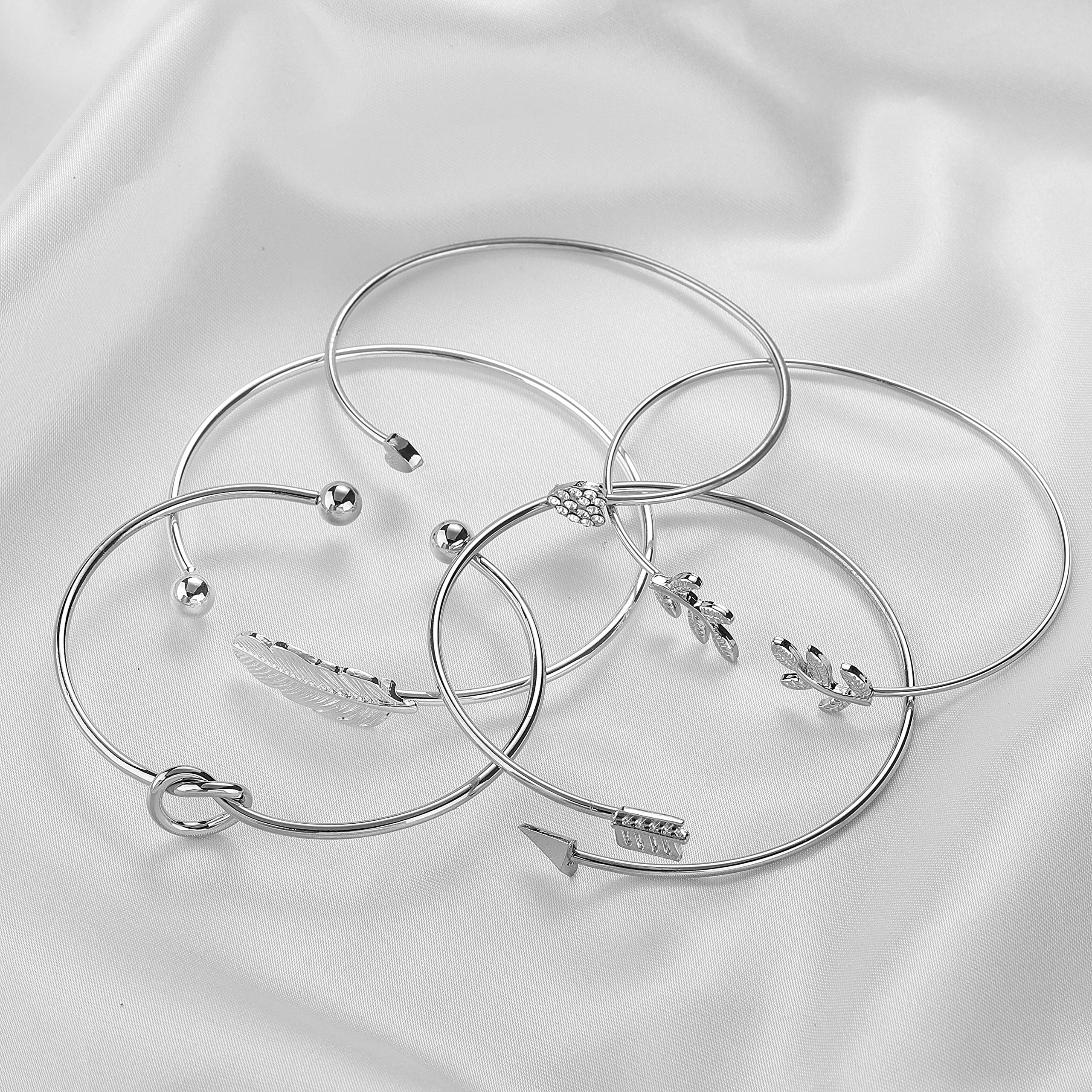 Softones 5pcs Bangle Silver Bracelets for Women Heart|Olive Leaf|Arrow|Feather|Knot Heart Open Cuff Bracelet Set Adjustable