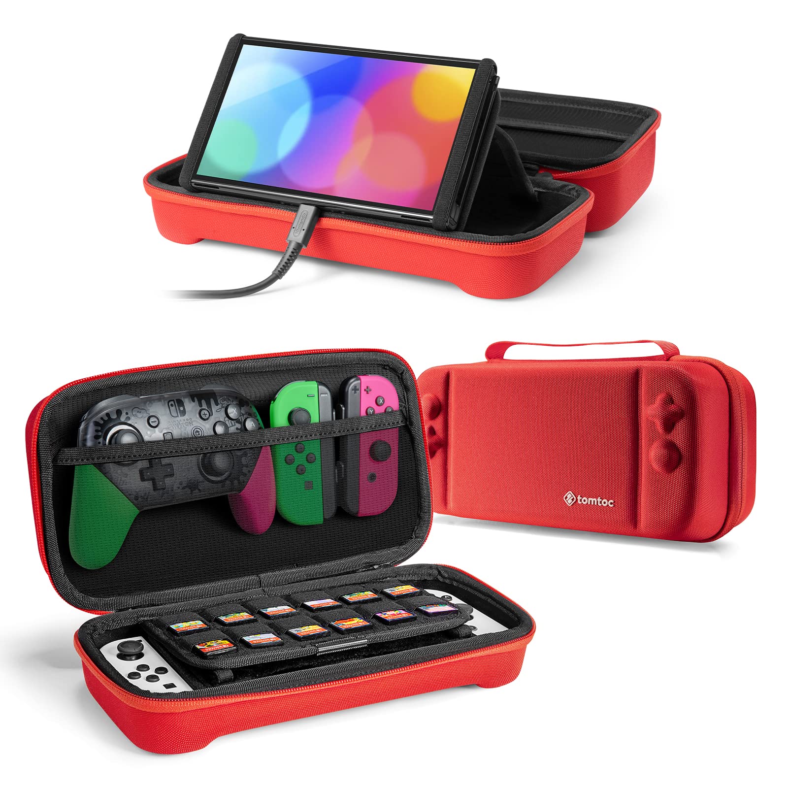 tomtoc Carrying Case for Nintendo SwitchOLED Model, Large Travel Switch Case with Pocket for Pro Controller, Joycon Grip or AC Adapter, Protective Portable Carry Case with 24 Game Cartridges,