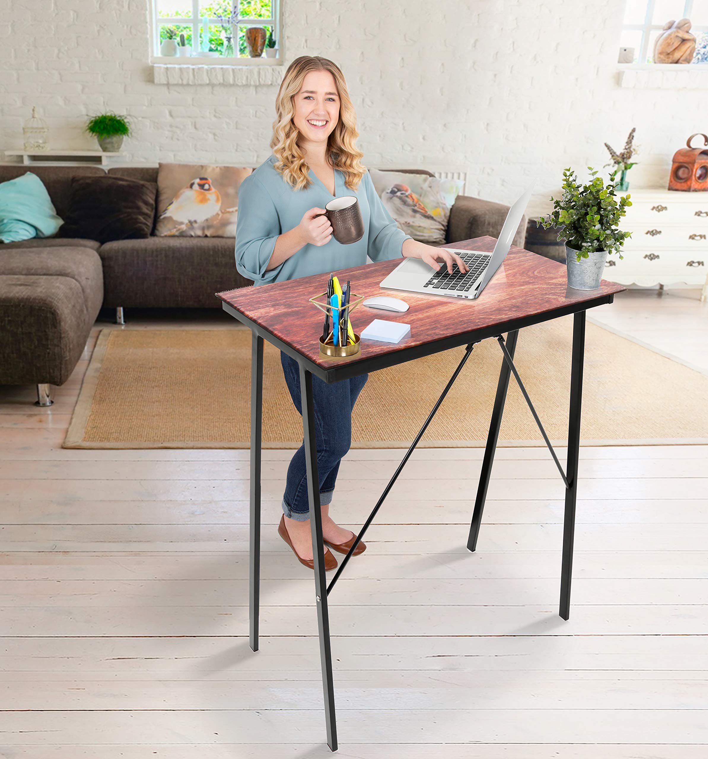Stand Steady Joy Desk | Compact Multifunctional Standing Table for Home & Office | Modern Glass Top with Stylish Wood Design | Space-Saving Standing Desk for Small Workspaces (Wood / 32in x 41in)