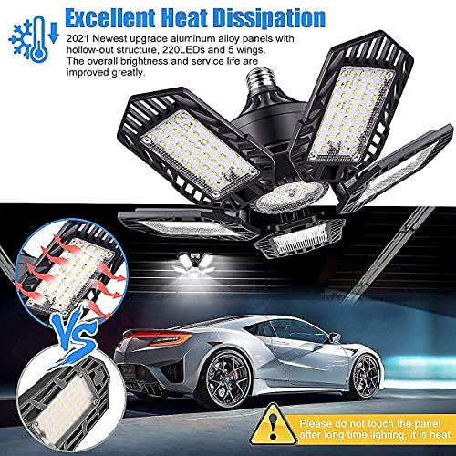 TANBABY Metal LED Garage Lights 2 Pack 150W Garage Light 15000LM LED Garage Lights with 5+1 Multi-Position Panels Deformable E26/E27 Garage Lighting LED Shop Light 6500K Daylight for Garage Basement