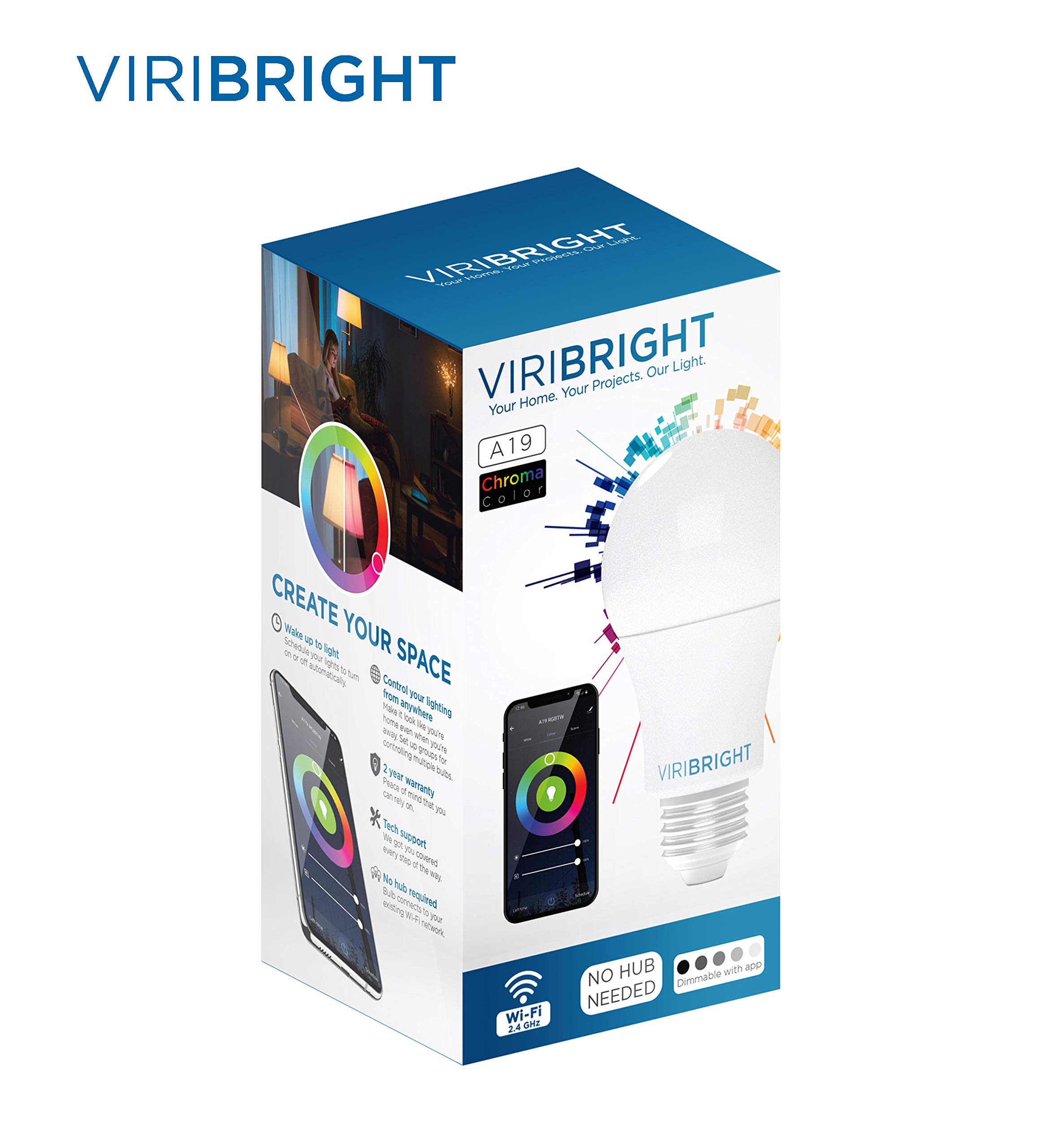 Viribright Smart LED Light Bulb, E26 RGBW WiFi Dimmable Multicolor LED Lights, 2700K to 5000K + RGBW, A19 60W Equivalent (9.5W Actual), No Hub Required, Easy Set up